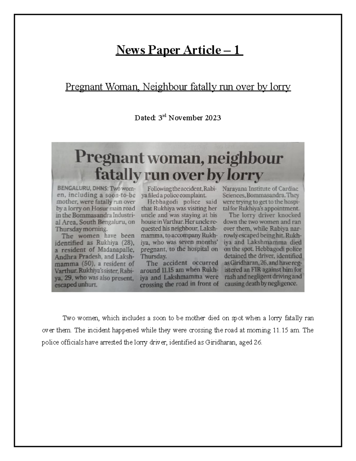 News Paper Article - Torts - Law of torts - News Paper Article – 1 ...