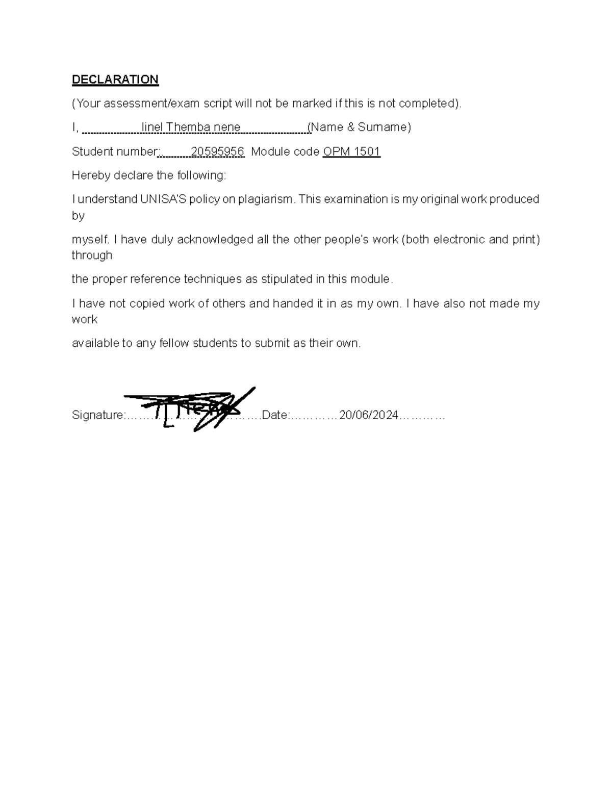 Opm 1501 assessment 2 - DECLARATION (Your assessment/exam script will ...