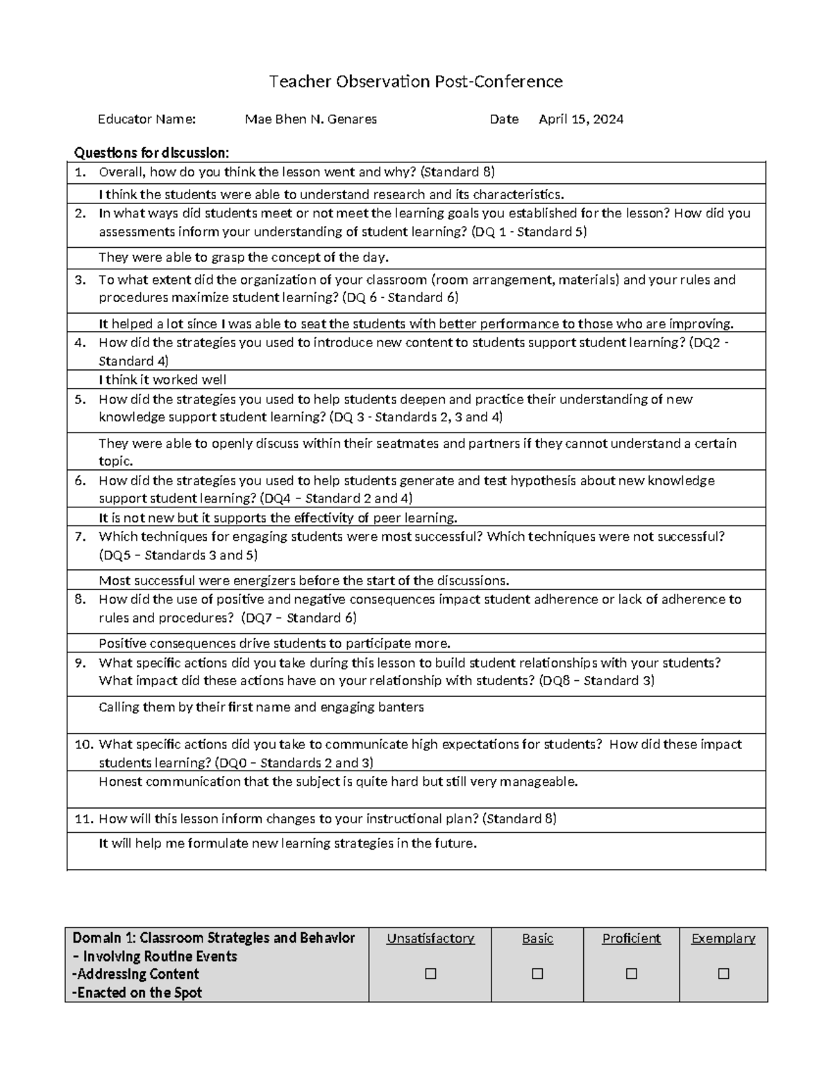 Teacher Observation Post Conference - Teacher Observation Post ...