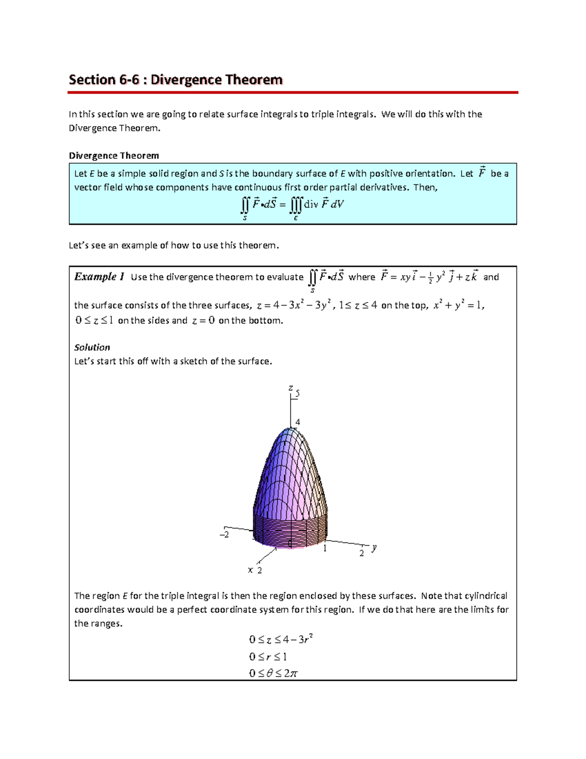 Calc Iii Divergence Thm Section 6 6 Divergence Theorem In This Section We Are Going To