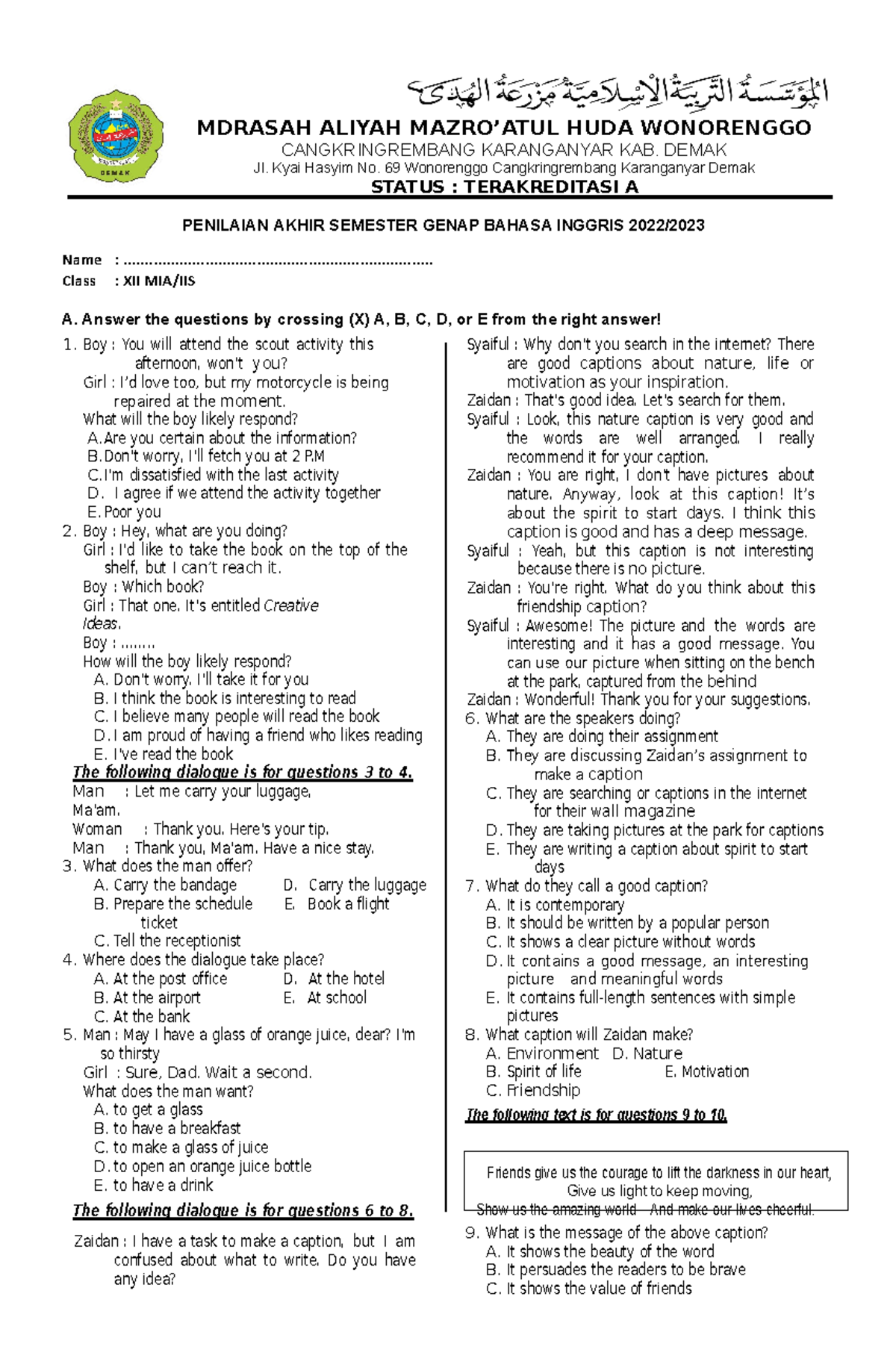 SOAL PTS Genap - Just sample - MDRASAH ALIYAH MAZRO’ATUL HUDA ...