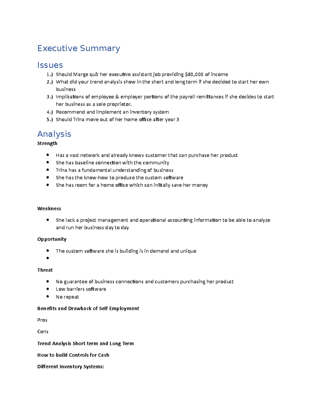 Marge Case outline - Executive Summary Issues 1.) Should Marge quit her ...