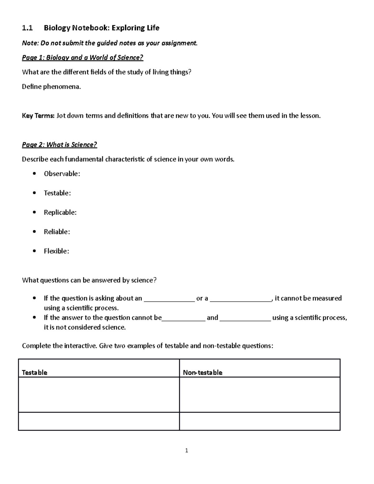 01 01 exploring life lab - 1 Biology Notebook: Exploring Life Note: Do ...