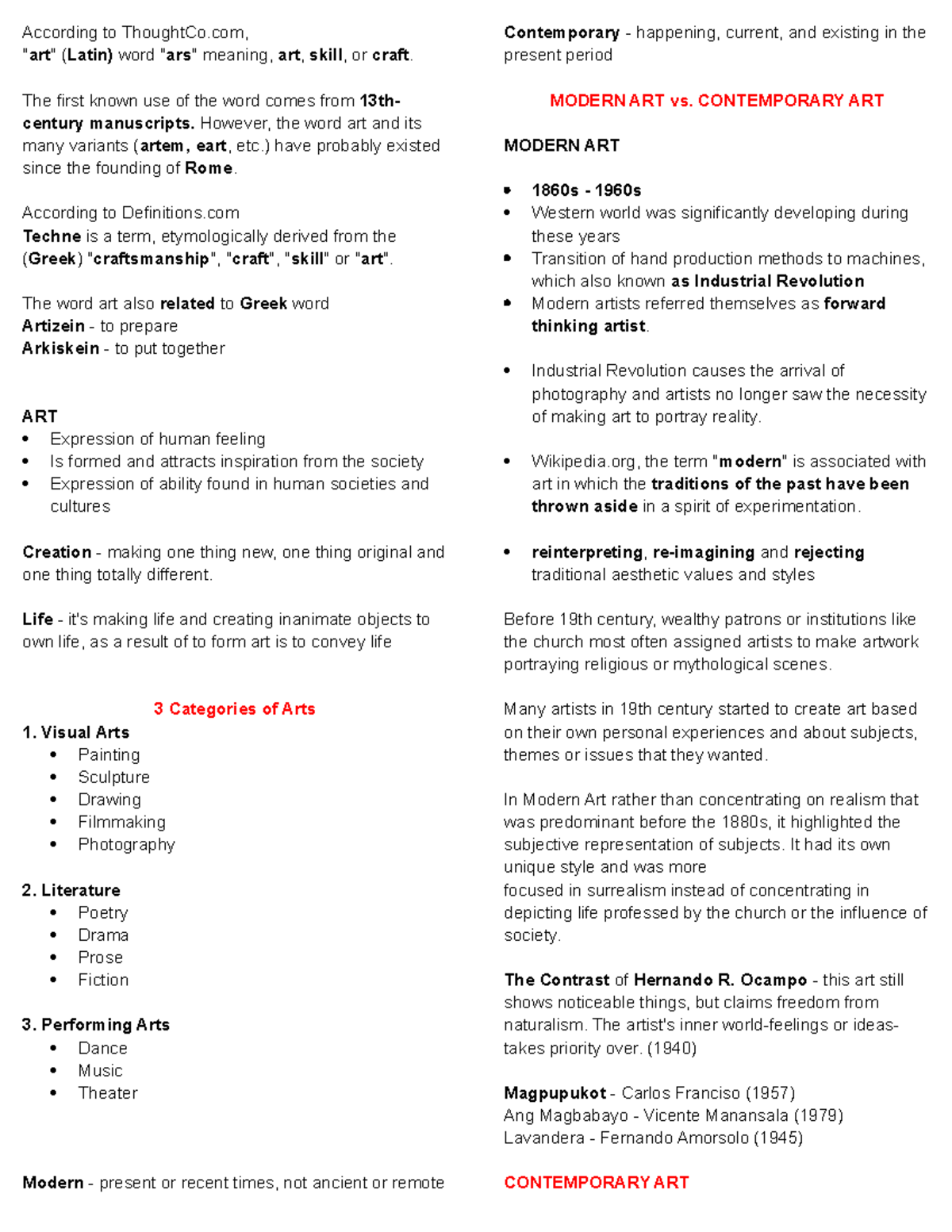 CPAR - CPAR NOTES - According to ThoughtCo, "art" (Latin) word "ars ...