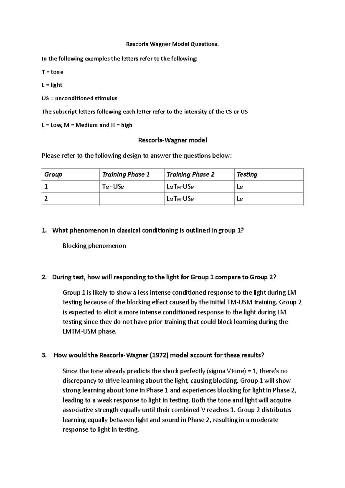 Week 5 Rescorla-Wagner questions - Rescorla Wagner Model Ques 1 ons. In ...