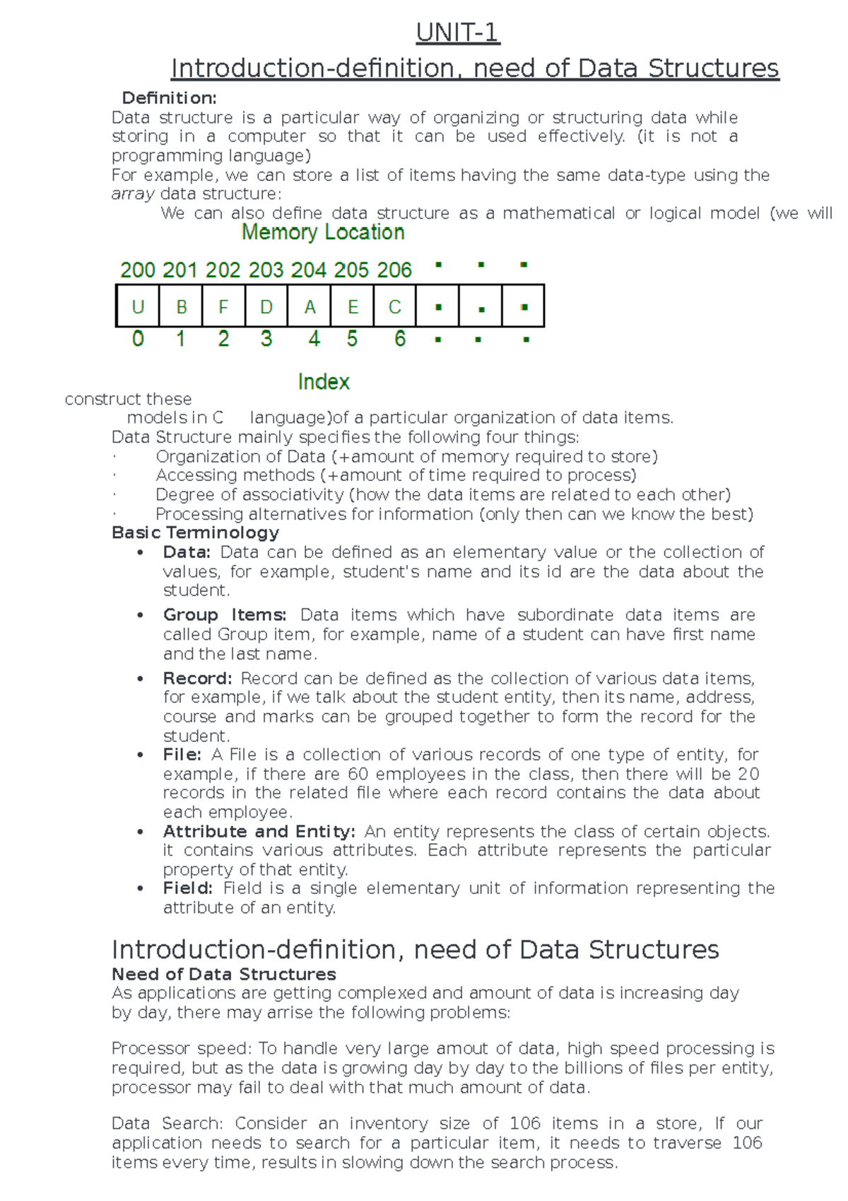 Complete DS - UNIT- Introduction-definition, need of Data Structures Definition: Data structure ...