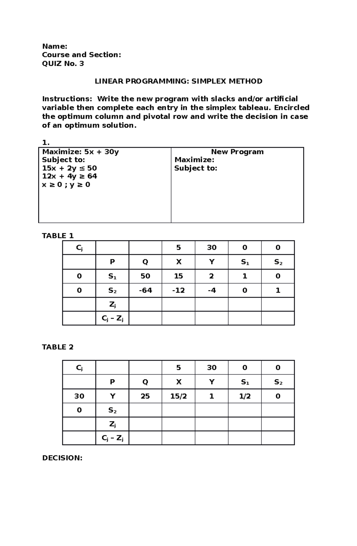 QUIZ-NO - management sci - simplex - Operations Management - Studocu