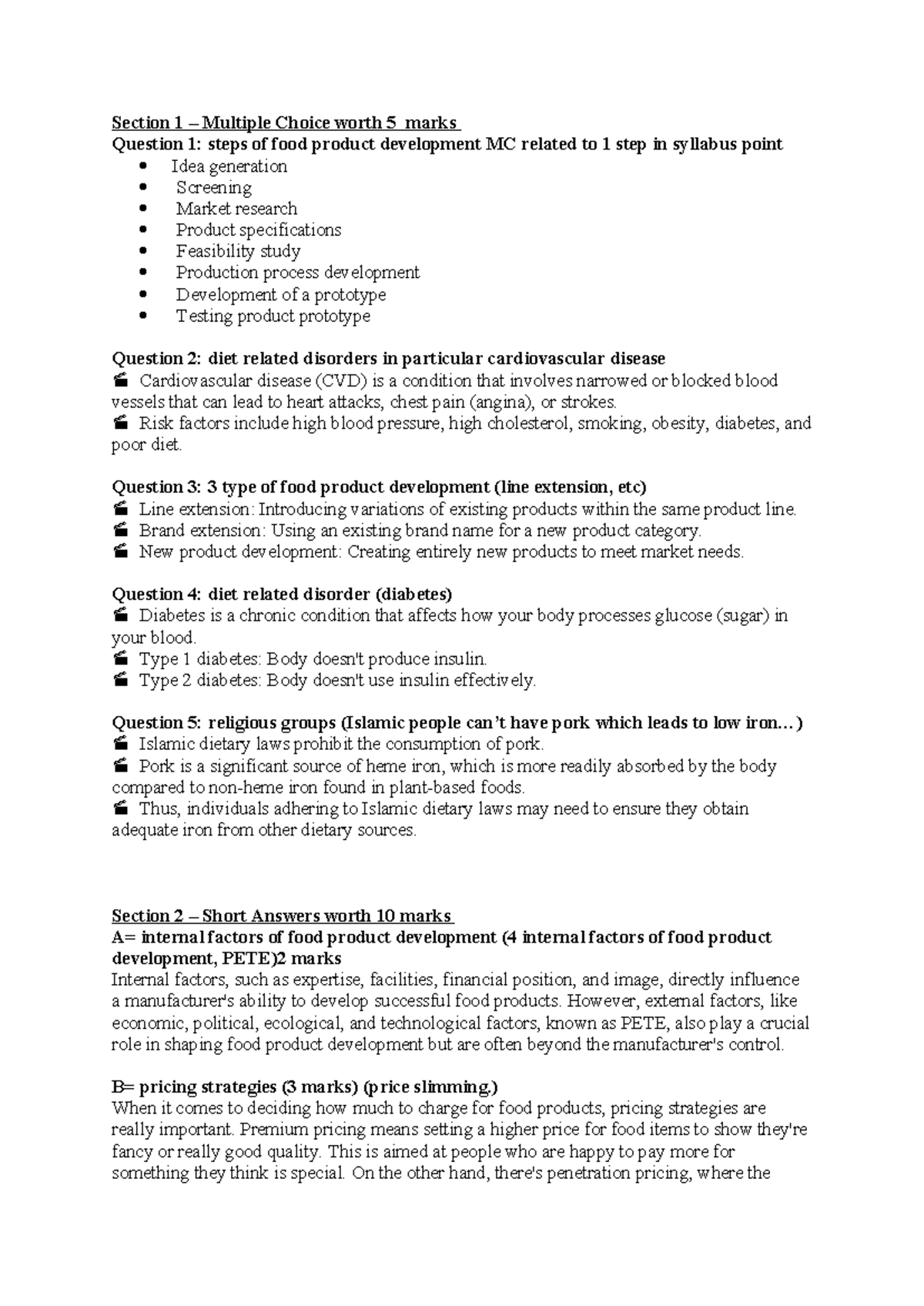 FOOD TECH EXAM Notes - Section 1 – Multiple Choice worth 5 marks ...