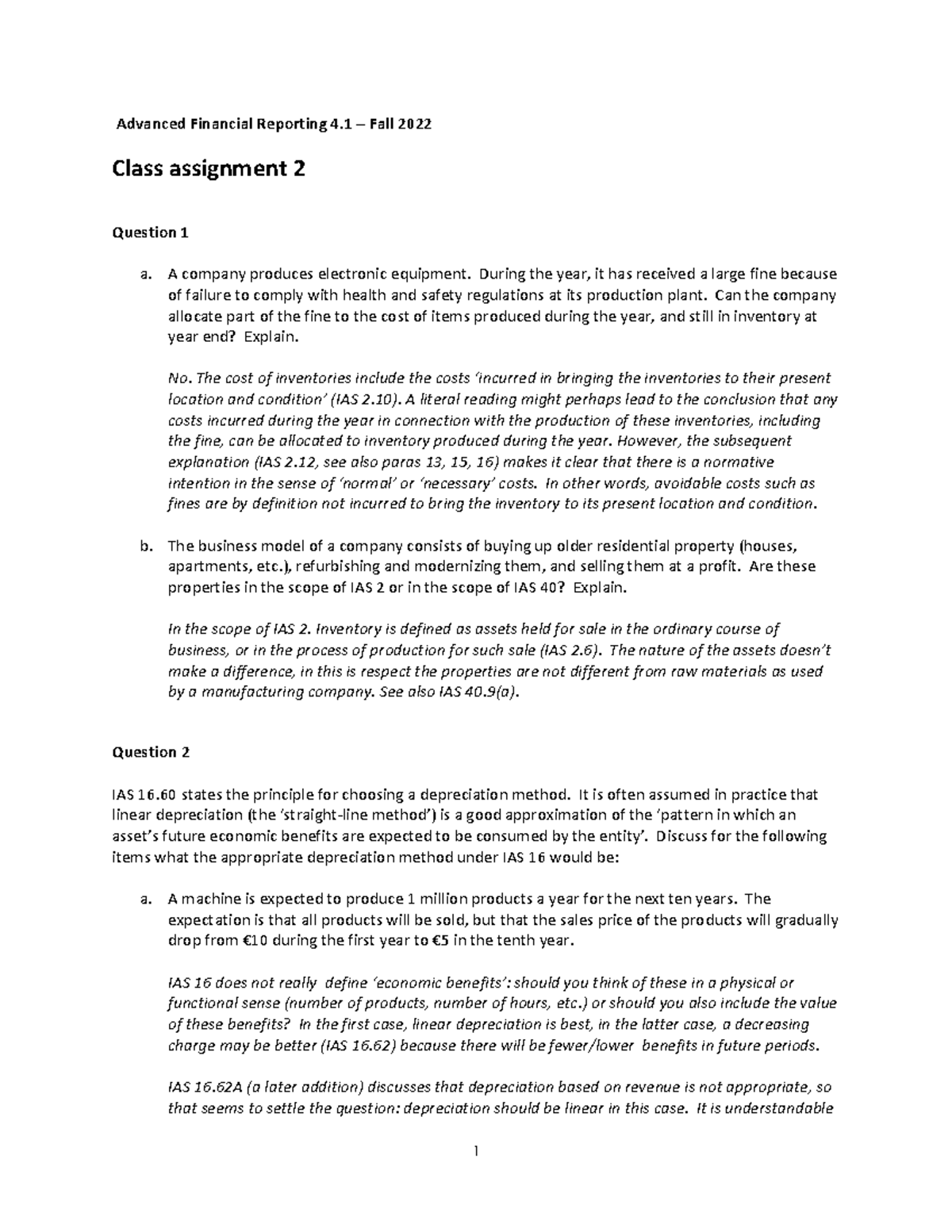 AFR 2022 class assignment 2 - answers - Advanced Financial Reporting 4 – Fall 2022 Class ...