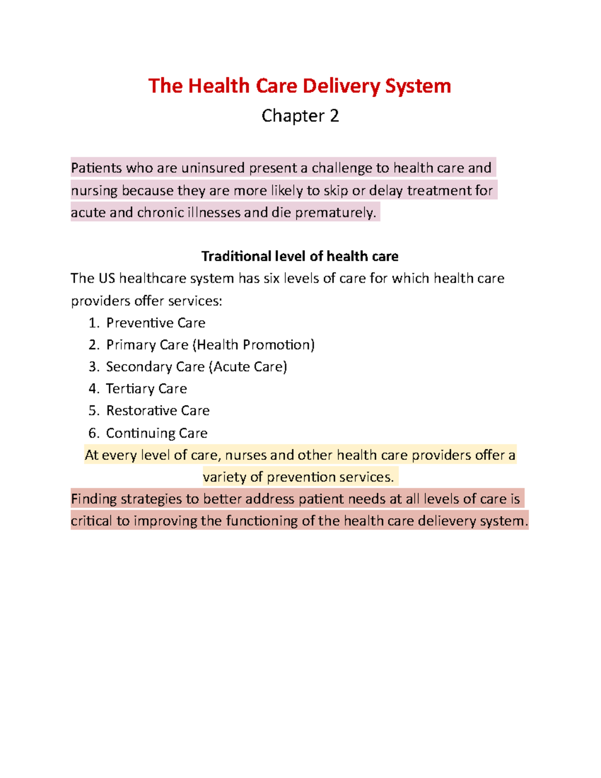 Ch 2 - chapter 2 - The Health Care Delivery System Chapter 2 Patients ...