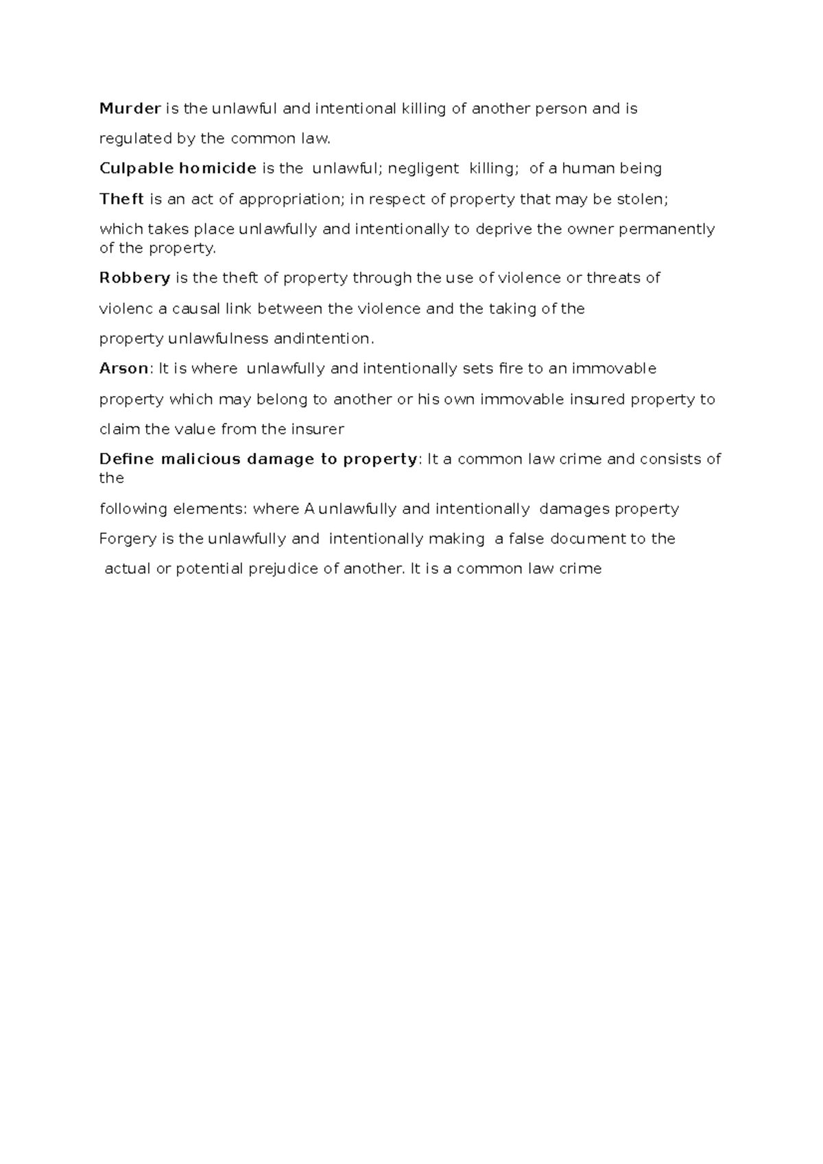 definition of crimes - Murder is the unlawful and intentional killing ...