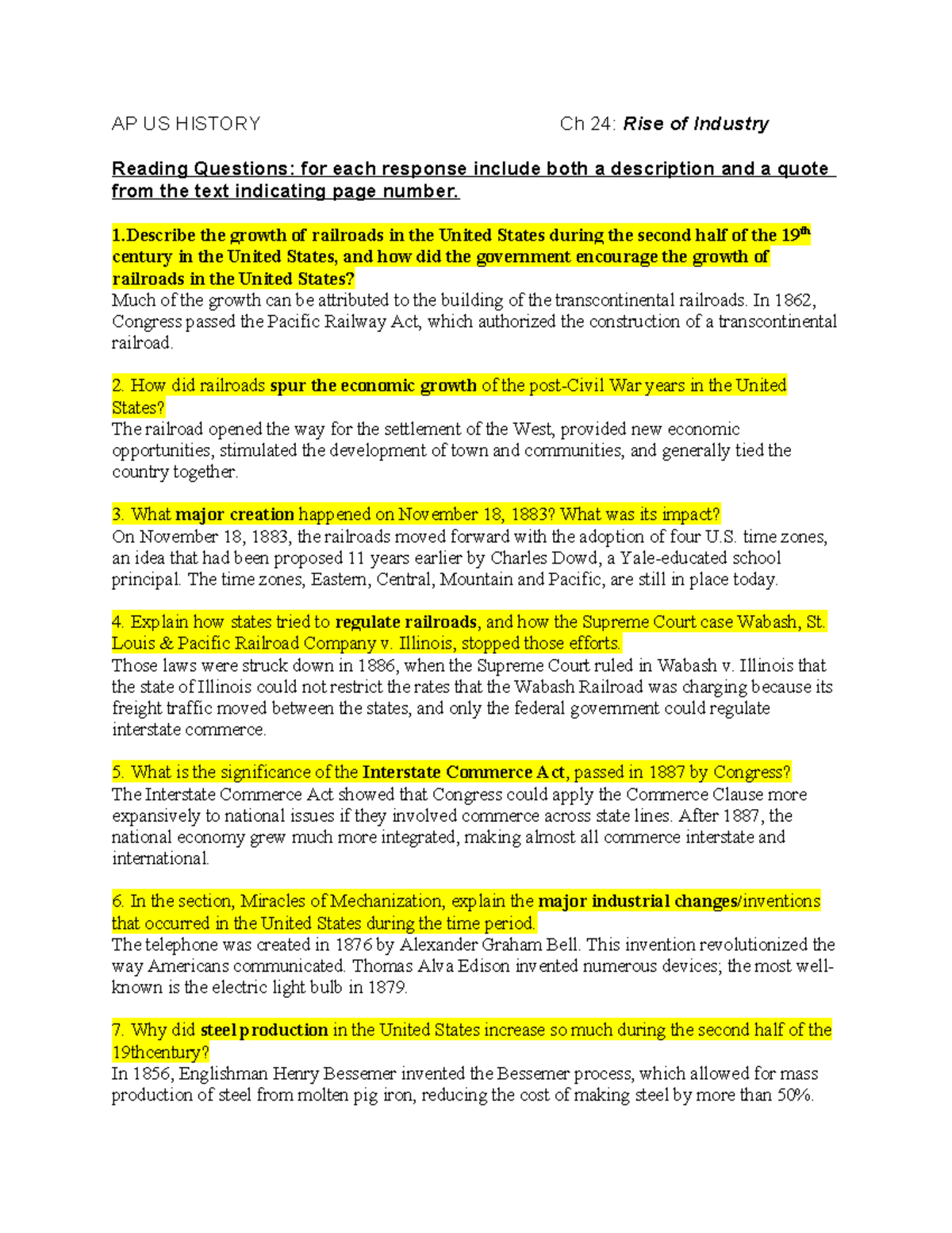 Chapter 24 Rise of Industry Questions 2022 - AP US HISTORY Ch 24: Rise ...