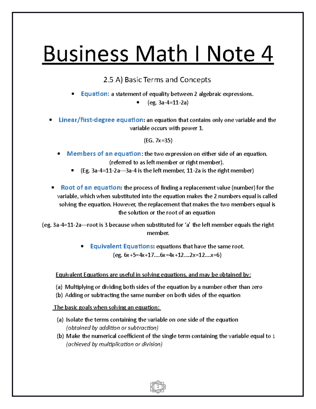 Business Math I Note 4 - (eg. 3a-4=11-2a) Linear/first-degree equation ...