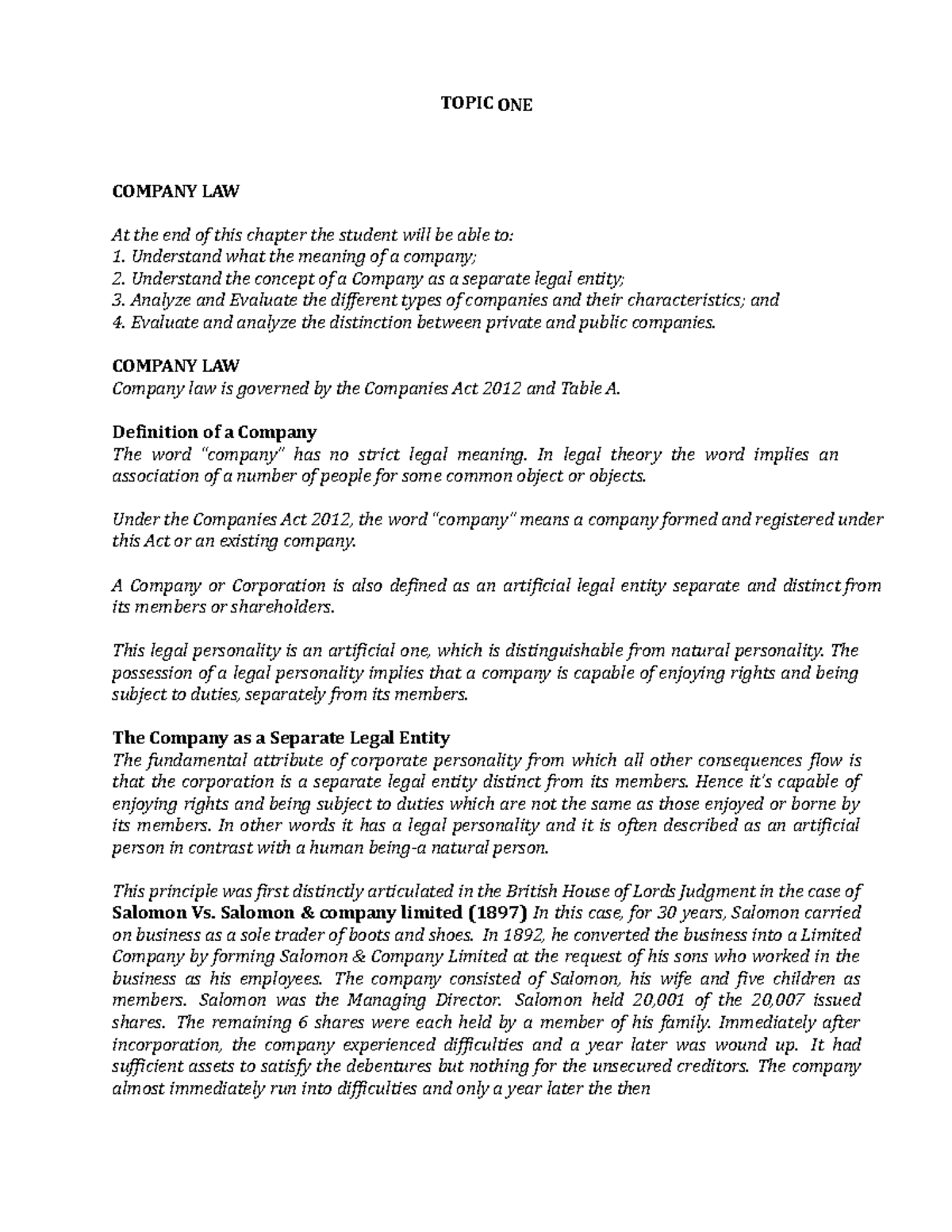 Company LAW WITH Outimage - TOPIC ONE COMPANY LAW At the end of this ...