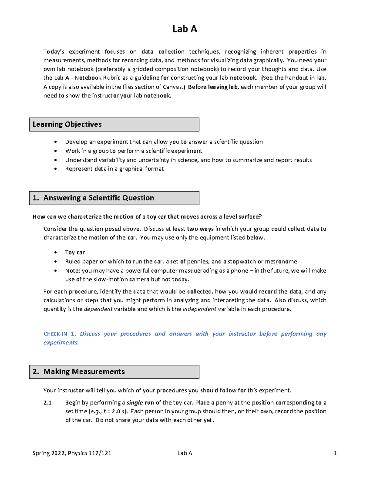 Lab A - Handout v6-2 - Today’s experiment focuses on data collection techniques, recognizing ...