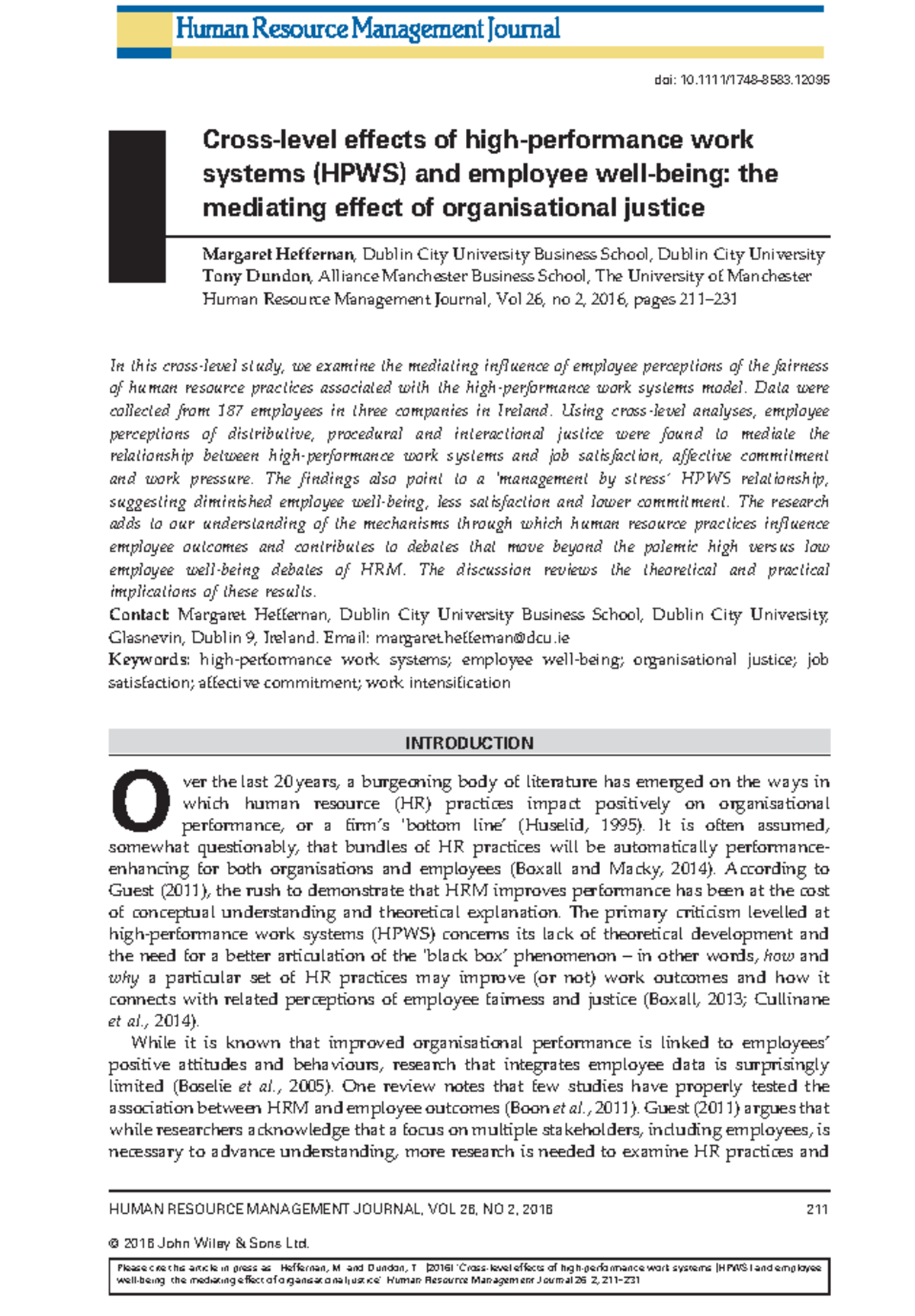 Human Res Mgmt Journal - 2016 - Heffernan - Cross‐level effects of high‐performance work systems ...
