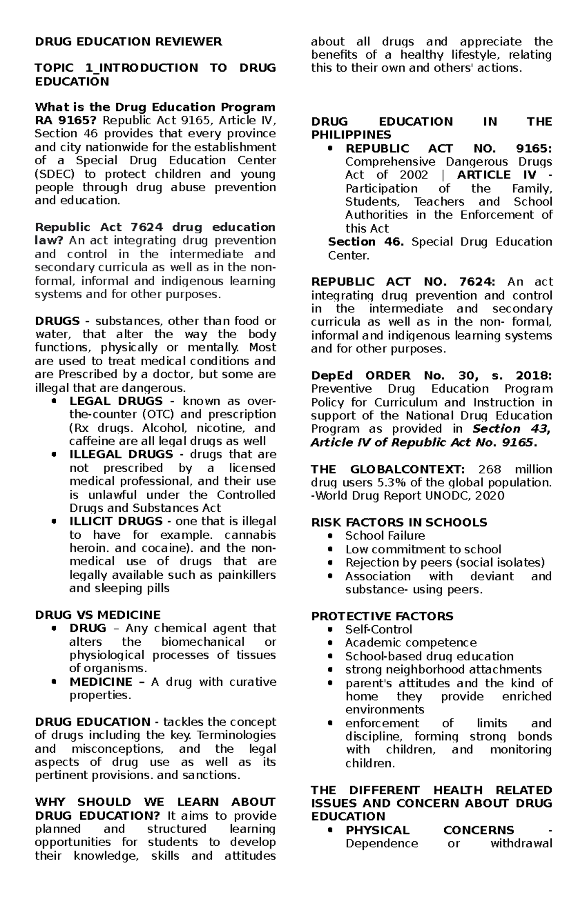 Drugs- Reviewer - DRUG EDUCATION REVIEWER TOPIC 1_INTRODUCTION TO DRUG ...