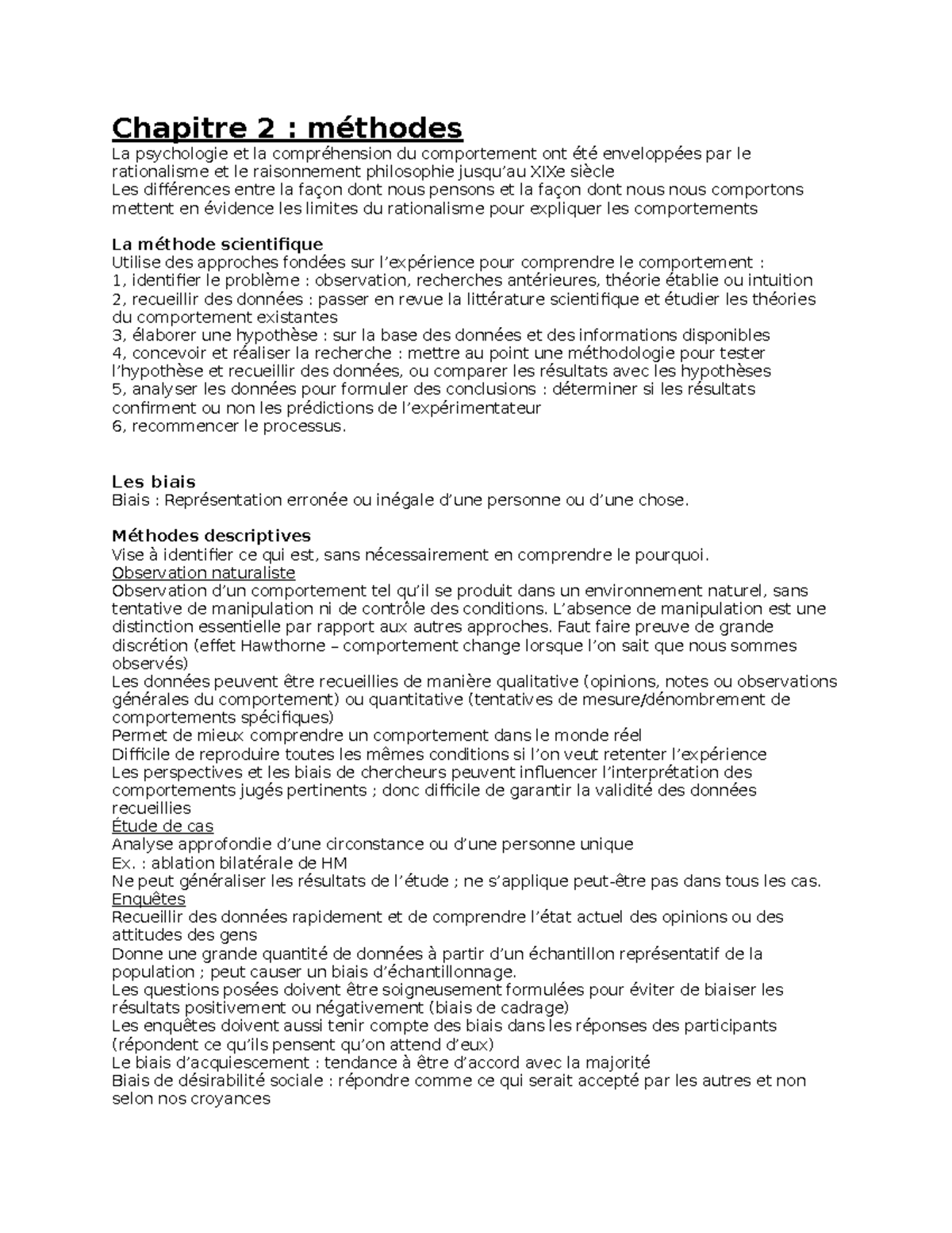 PSY1501 - Note de classe - Chapitre 2 : méthodes La psychologie et la ...