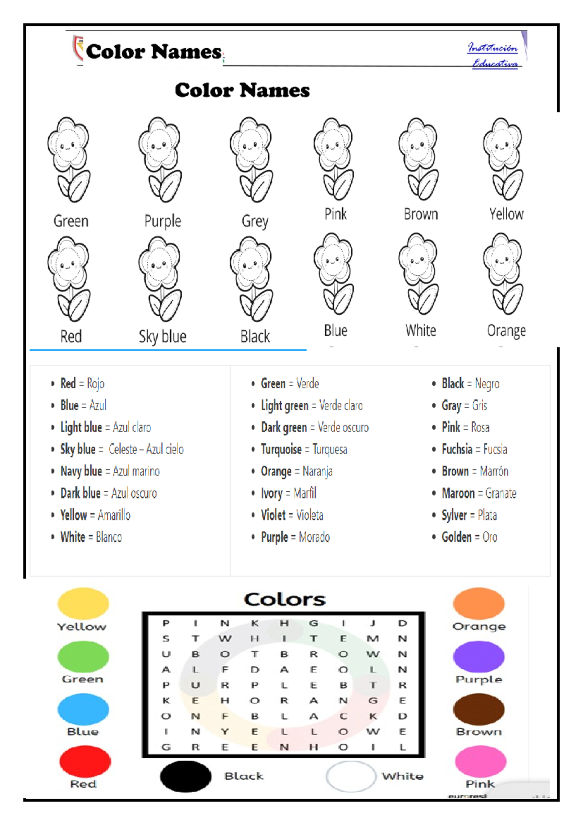 Basic colors - Color Names Institución Educativa Color Names Green Pink ...