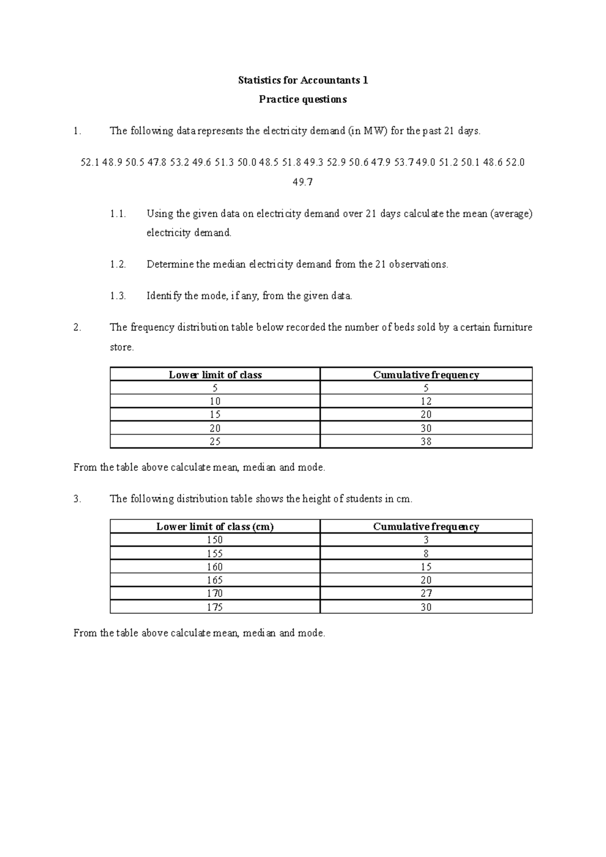 Chapter 6 Practice Questions - Statistics for Accountants 1 Practice ...