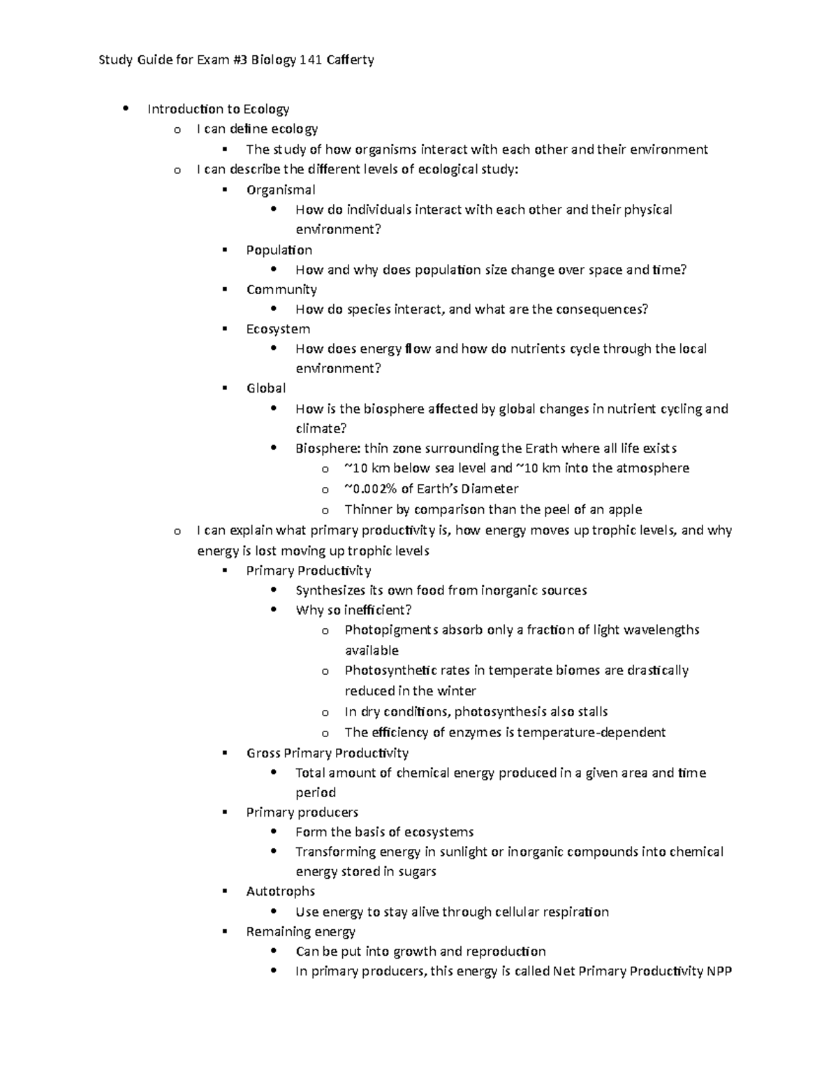 BIO 141 EXAM 3 Study Guide - Introduction to Ecology o I can define ...