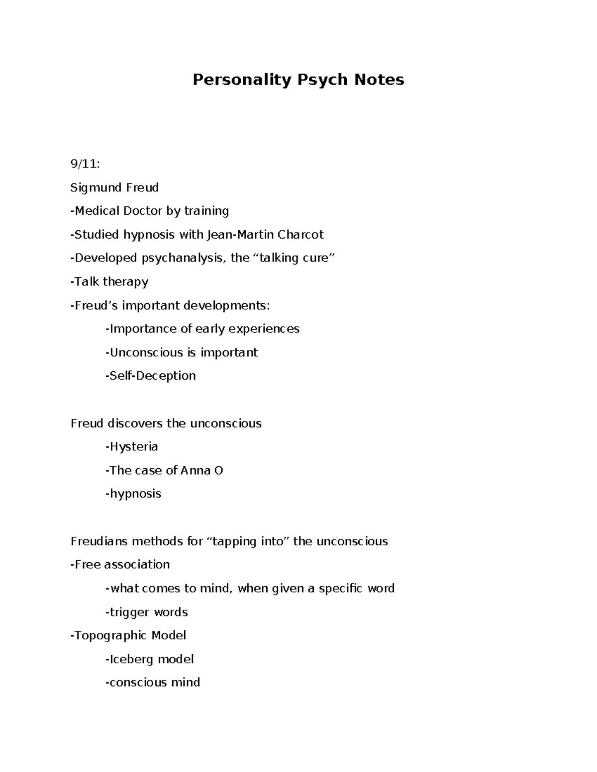 Notes-Personality Psy - Personality Psych Notes 9/11: Sigmund Freud ...