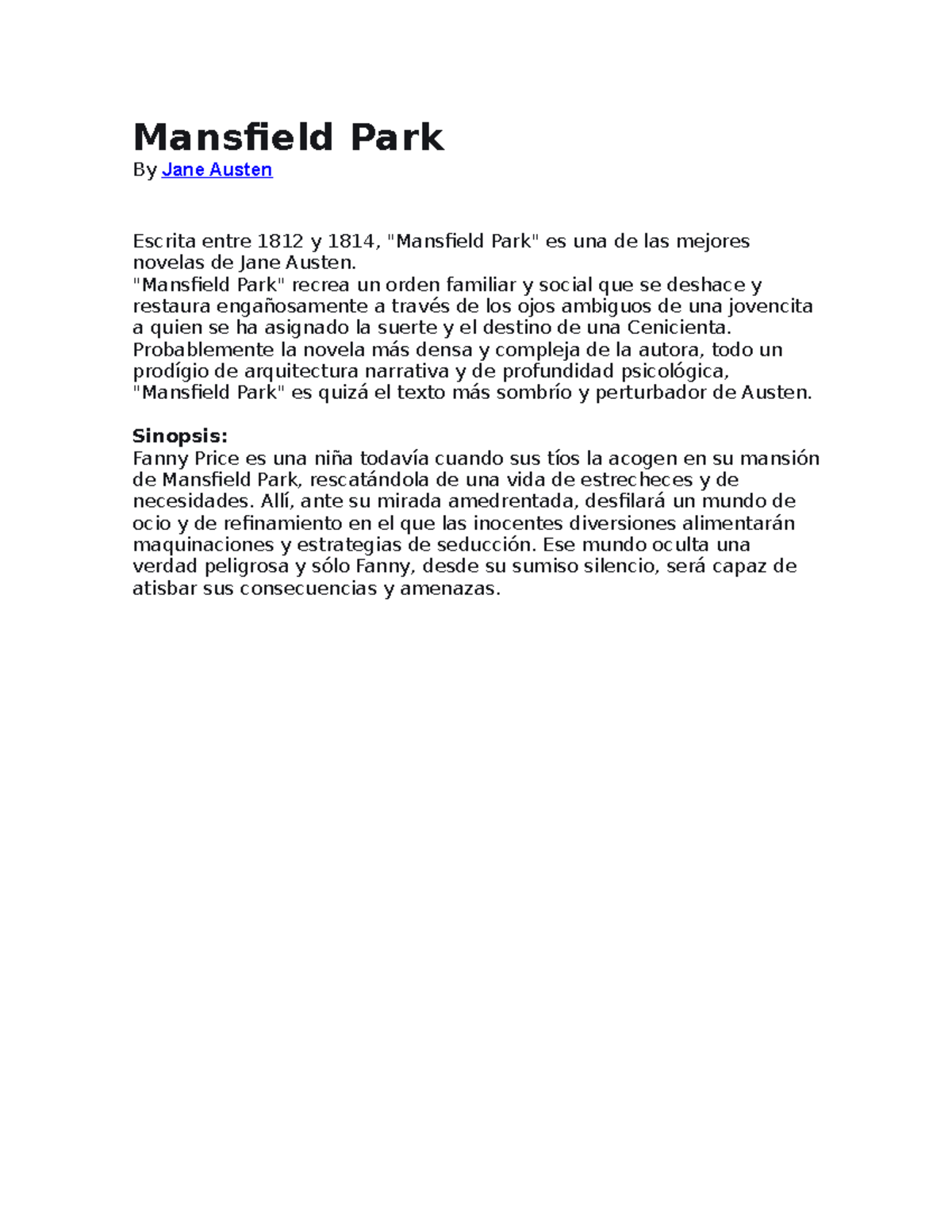 Mansfield park ensayo - resumen - Mansfield Park By Jane Austen Escrita ...