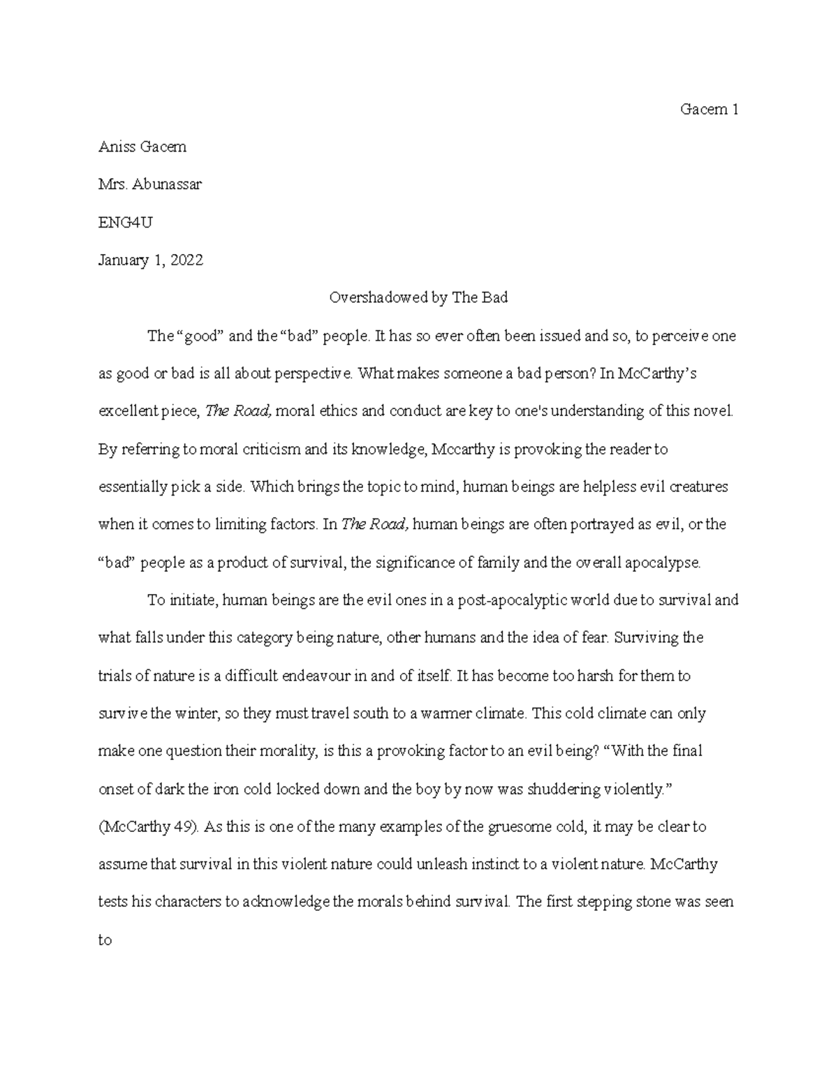 Critical Lens Theory Essay - Alex Morgan - Gacem 1 Aniss Gacem Mrs ...