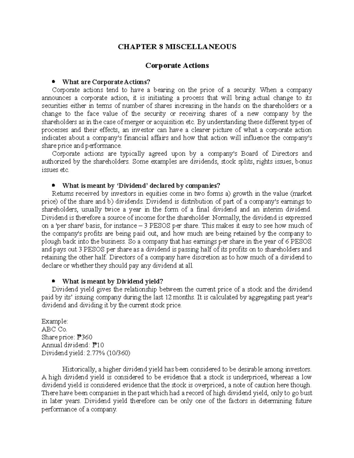 Chapter 8 Miscellaneous - CHAPTER 8 MISCELLANEOUS Corporate Actions ...