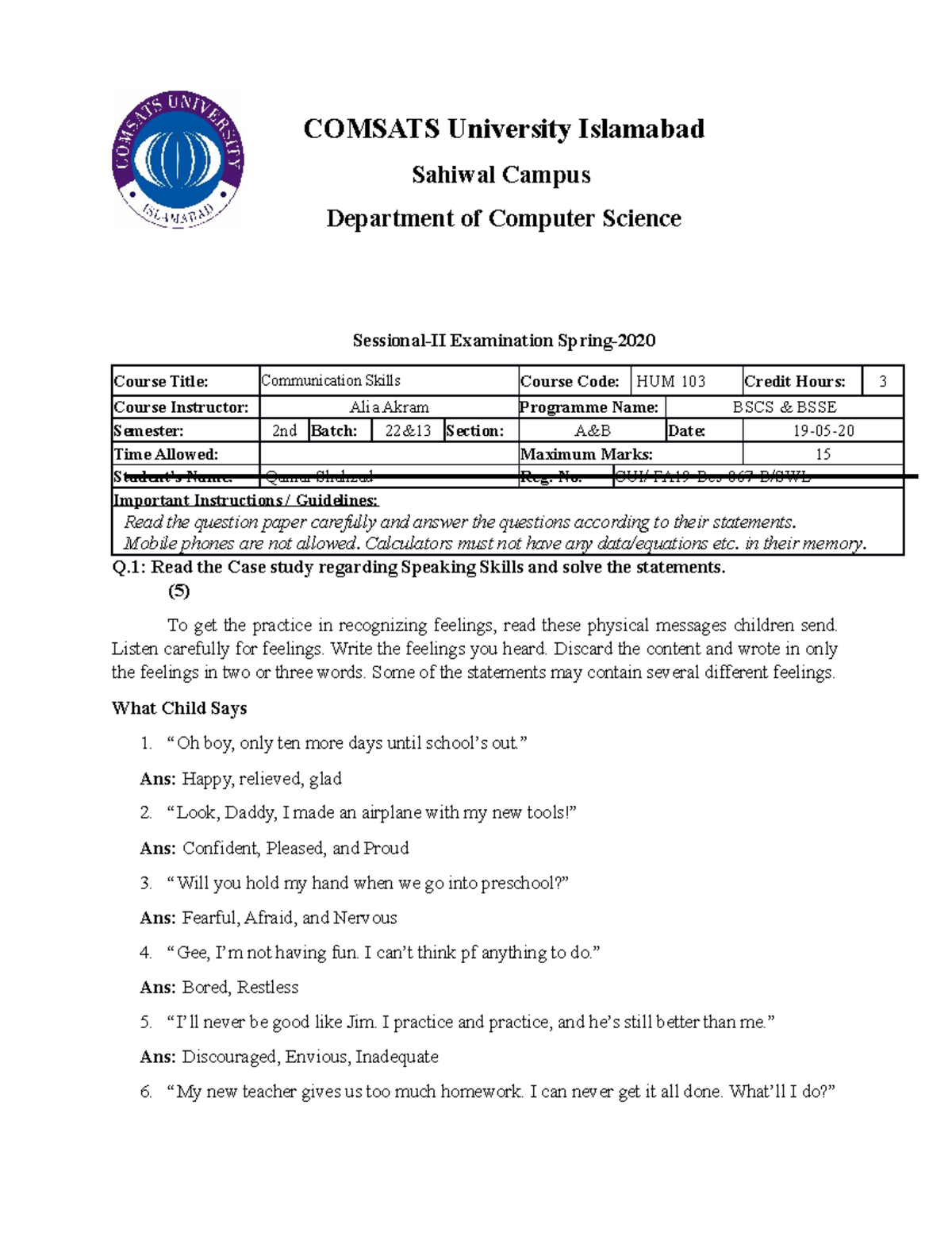 Exam, answers - COMSATS University Islamabad Sahiwal Campus Department ...