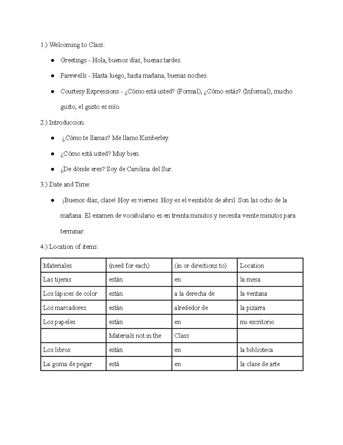 Spanish Reference Guide - 1.) Welcoming to Class: Greetings - Hola ...