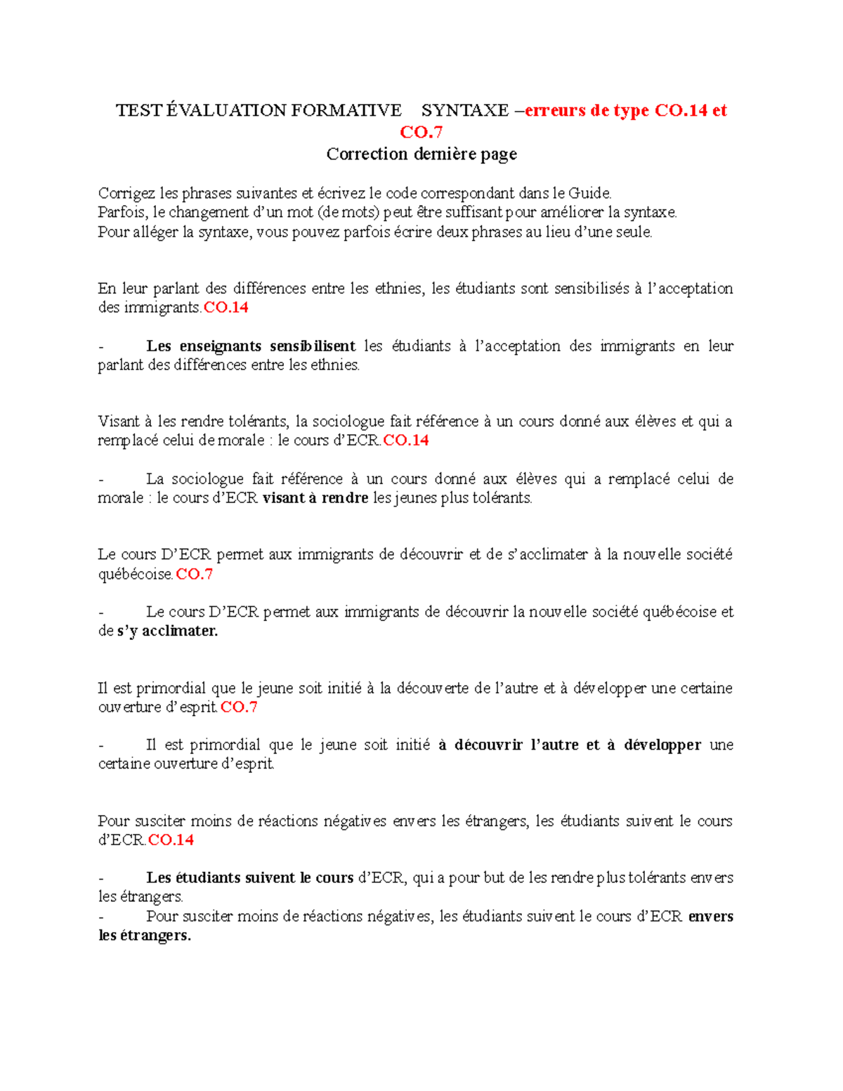 Exericies évaluations formatives (CO14) - TEST ÉVALUATION FORMATIVE ...