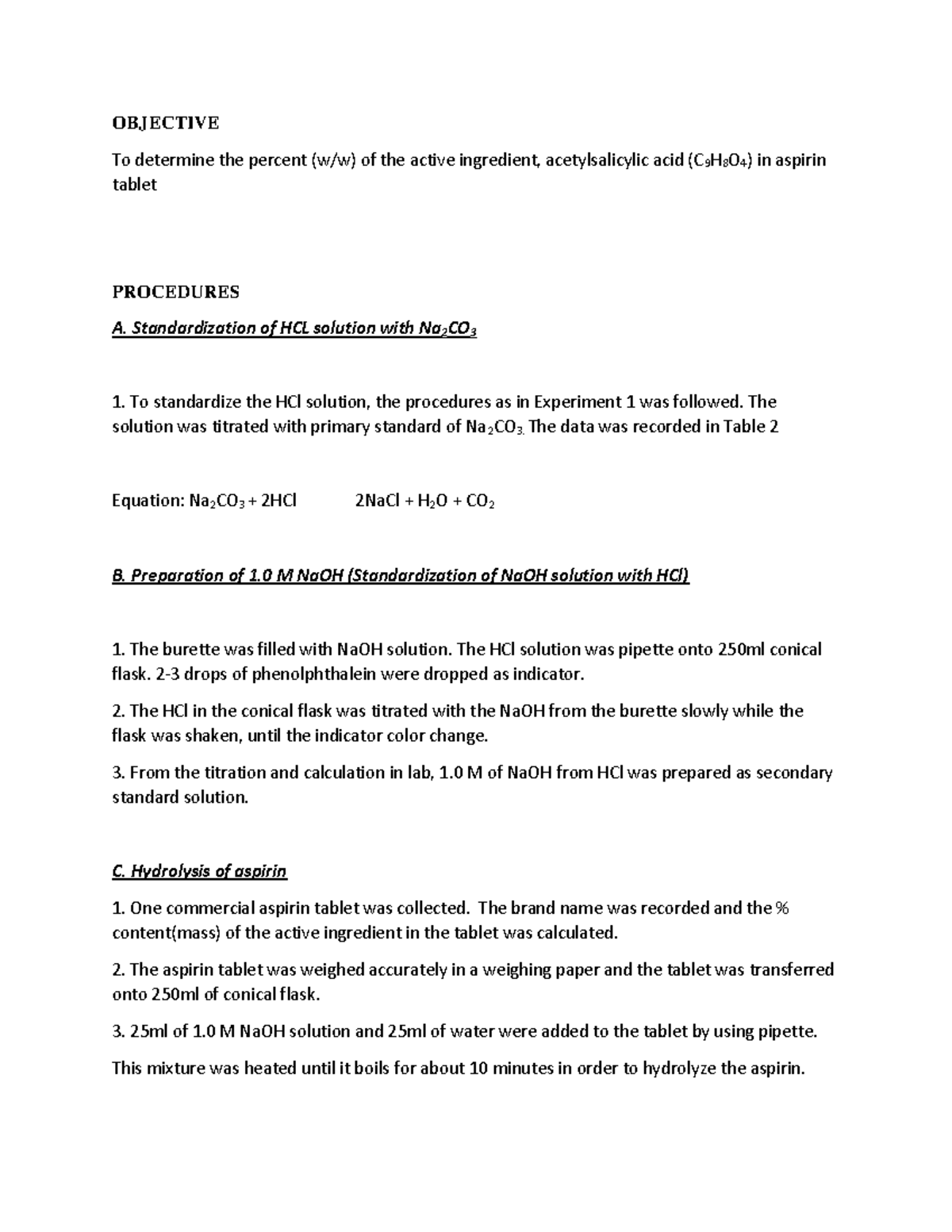 LAB Report Experiment 3 CHM256 - OBJECTIVE To determine the percent (w ...