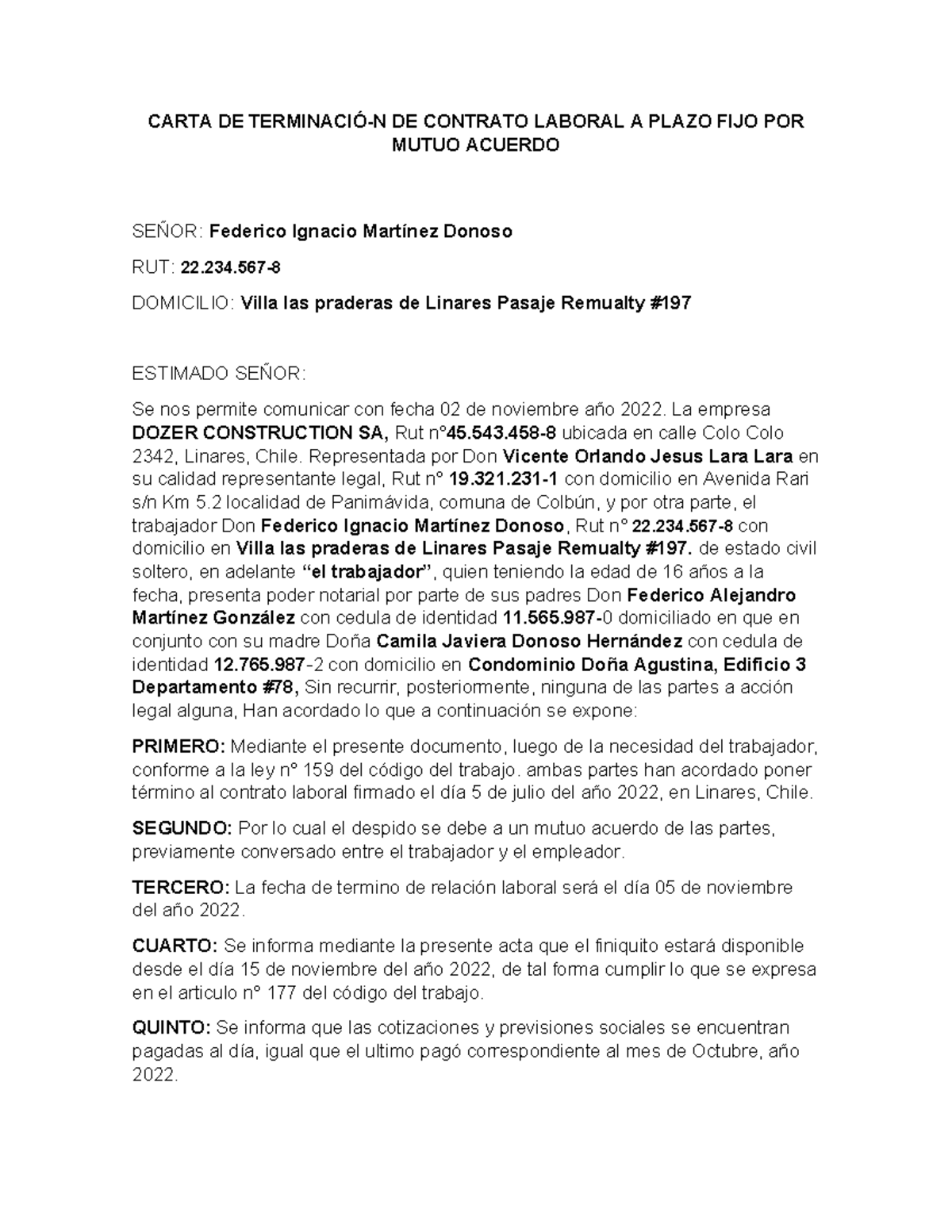 Termino DE Contrato Mutuo Acuerdo - CARTA DE TERMINACIÓ-N DE CONTRATO ...