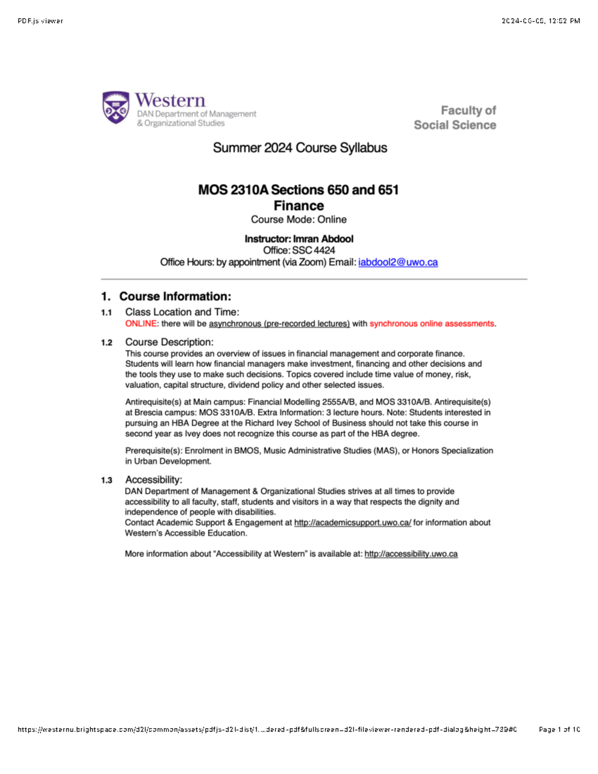 Finance 2310 Syllabus - MOS 2310 - - Studocu