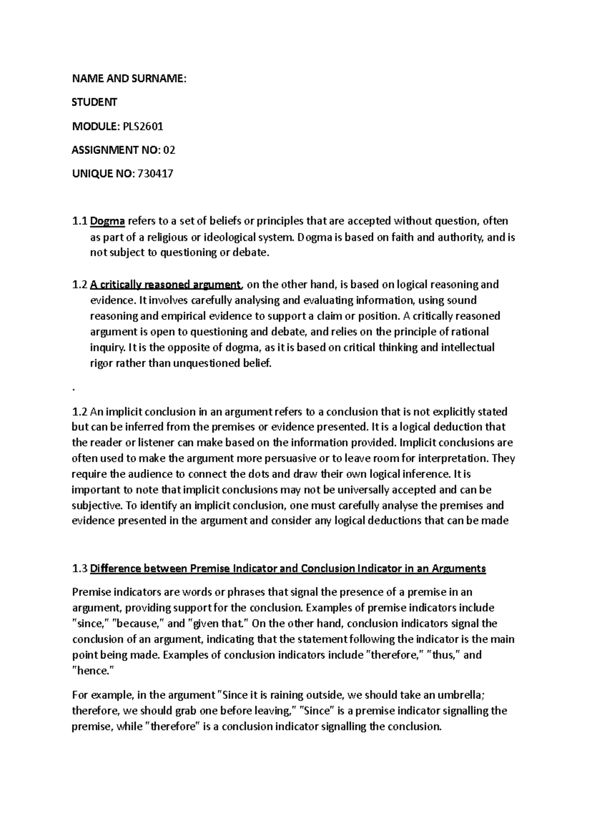 PLS2601 Semester 1 Assignment 2 - NAME AND SURNAME: STUDENT MODULE: PLS ...