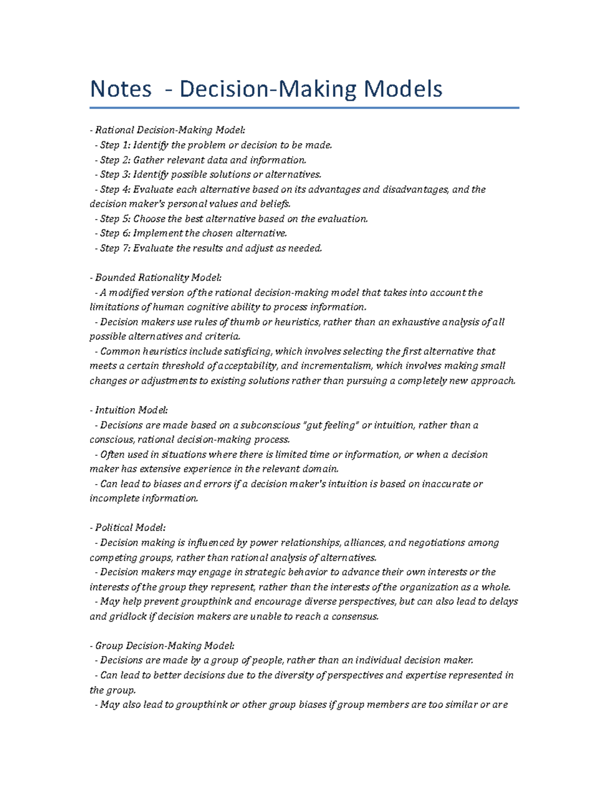 Lecture notes - Decision-Making Models - Notes - Decision-Making Models ...