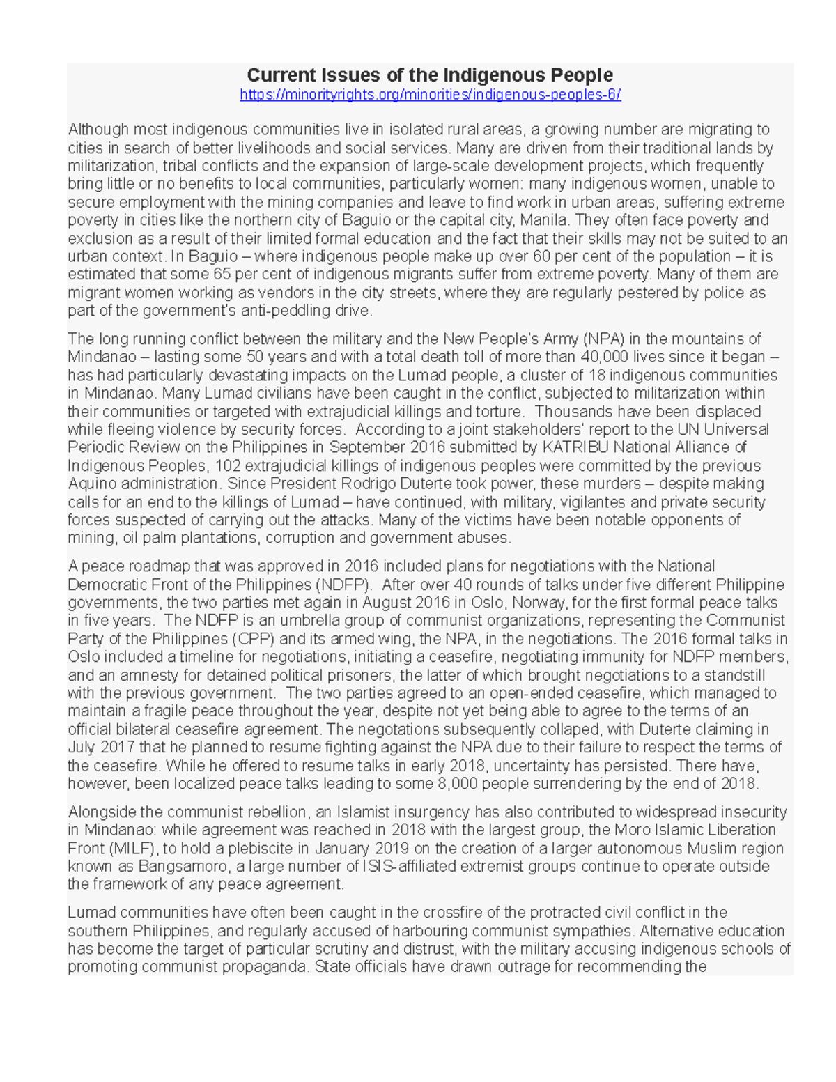 Current Issues of the Indigenous People - Many are driven from their ...