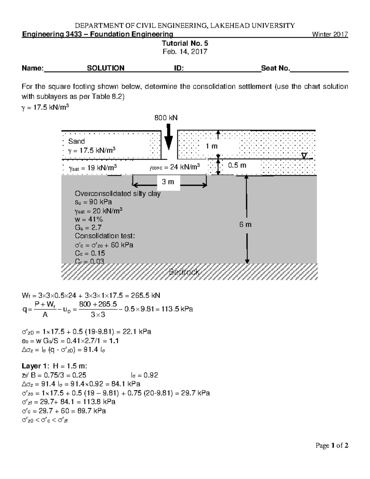 Tutorial No. 5 Solution - DEPARTMENT OF CIVIL ENGINEERING, LAKEHEAD ...