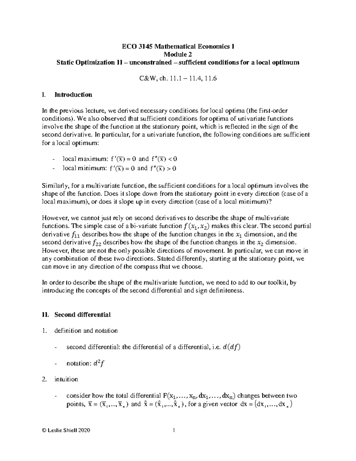 Unconstrained Optimization: Sufficient Conditions for Local Optimum - Studocu
