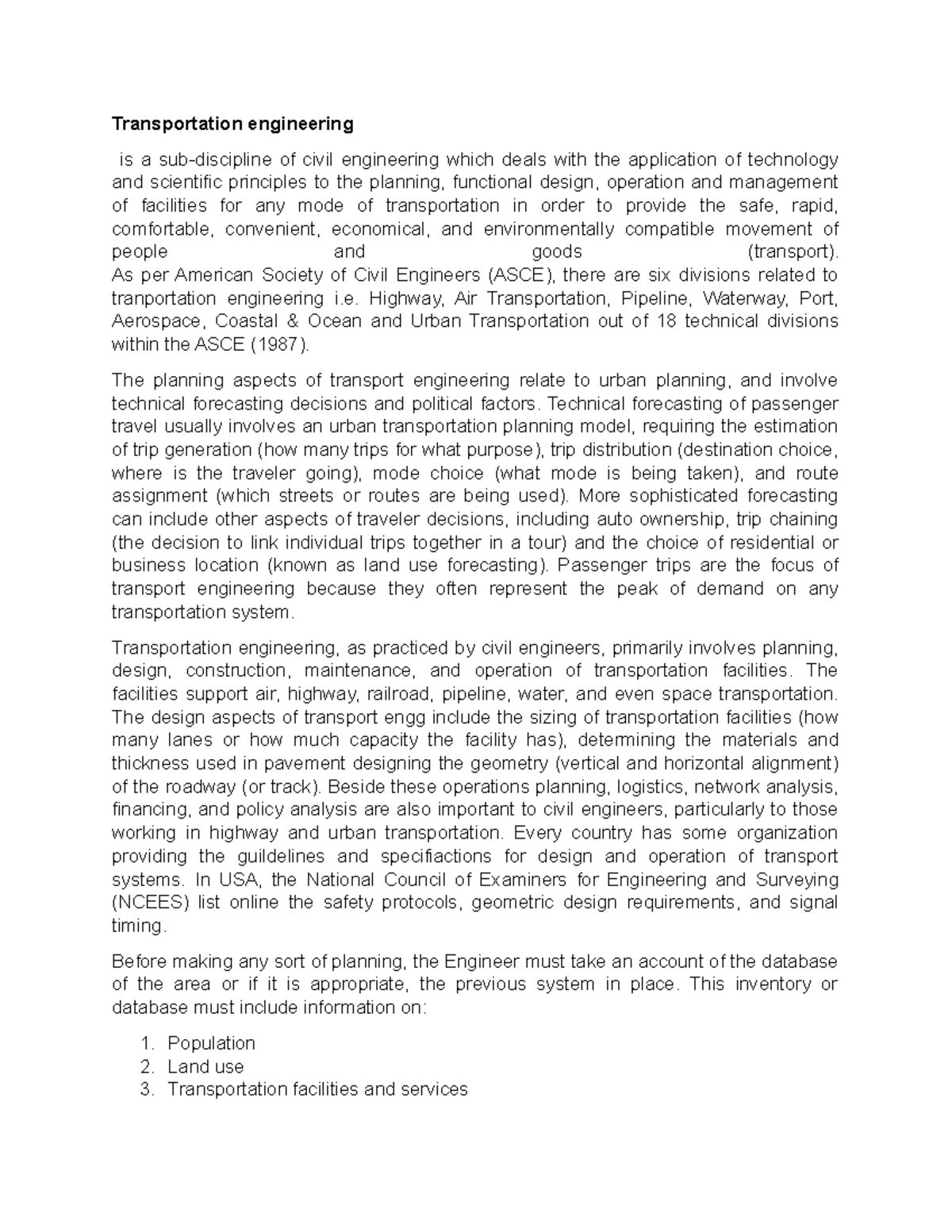 Transportation engineering - As per American Society of Civil Engineers ...