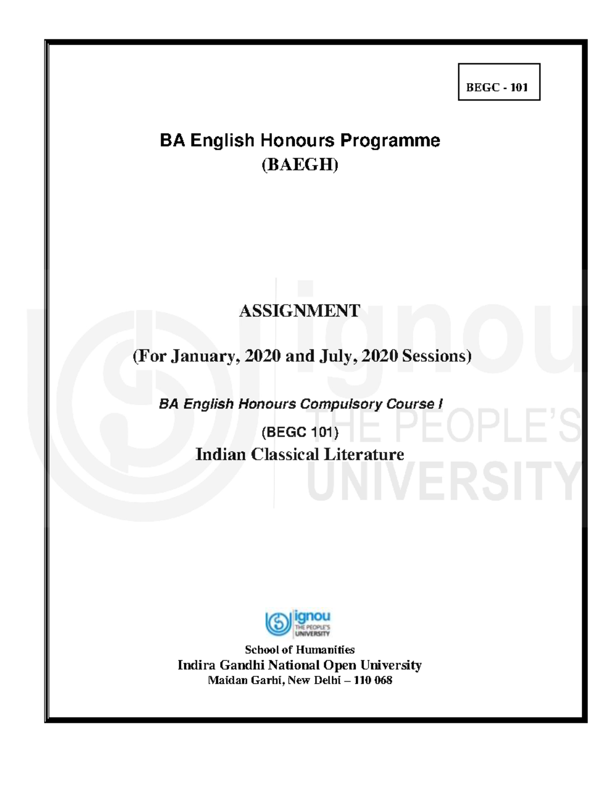 BEGC 101 Indian Classical Literature - It will be based on blocks 1 to ...