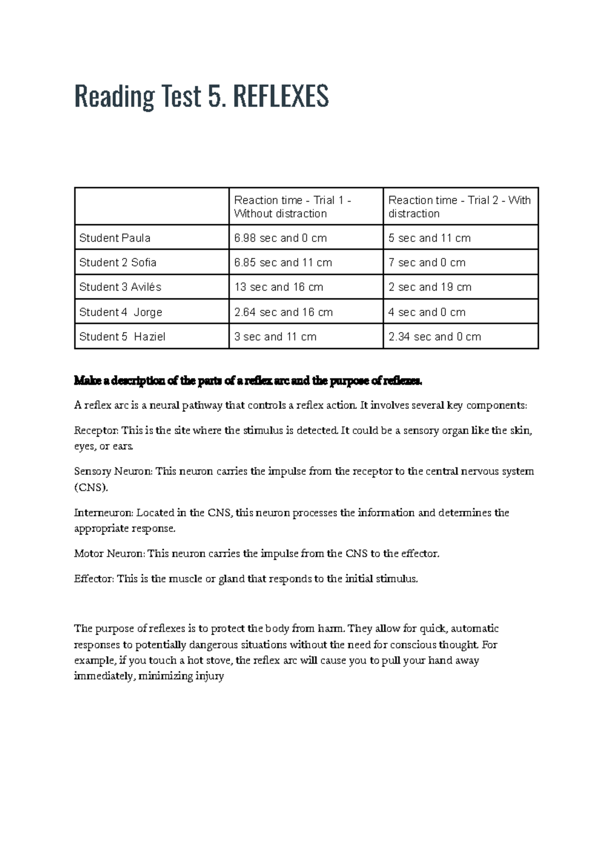 Reading Test 5. Reflexes - Reading Test 5. REFLEXES Reaction time ...