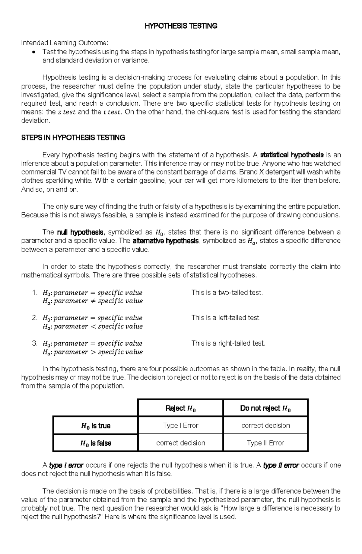 Stat 213 Chapter 5 - notes - HYPOTHESIS TESTING Intended Learning ...