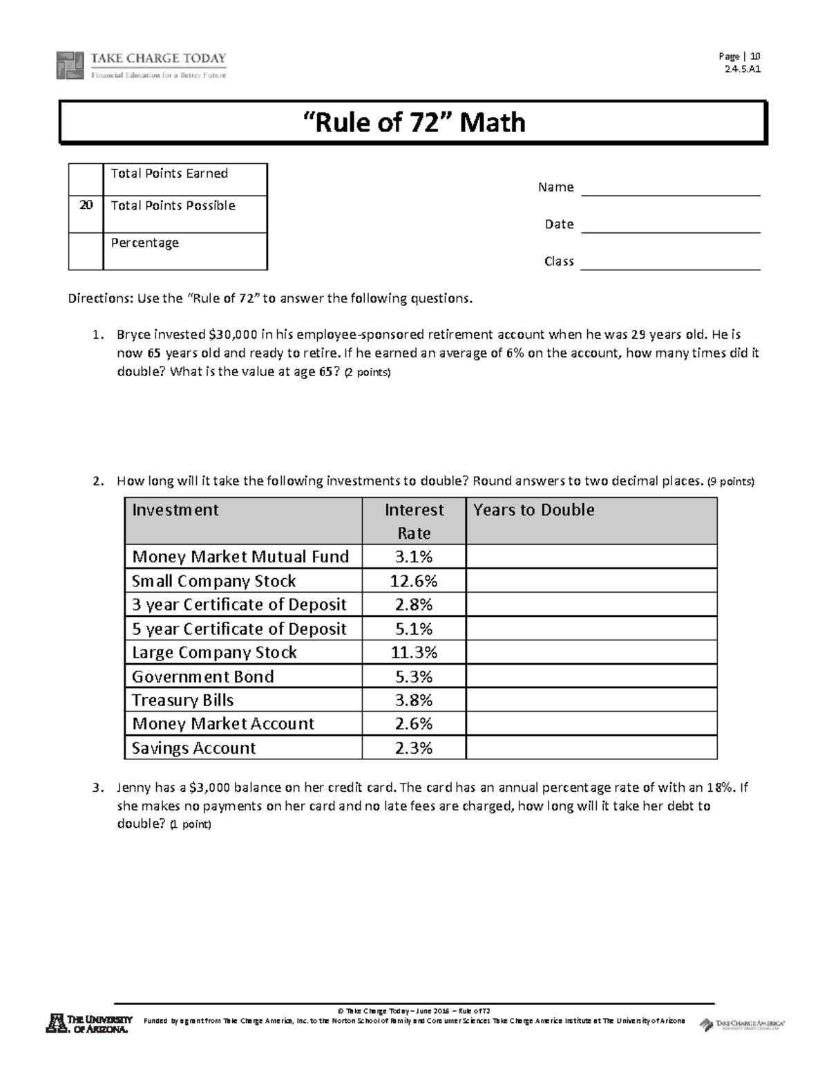 Rule of 72 Math 2.4.5.A1 - Page | 10 2.4.5 © Take Charge Today – June ...