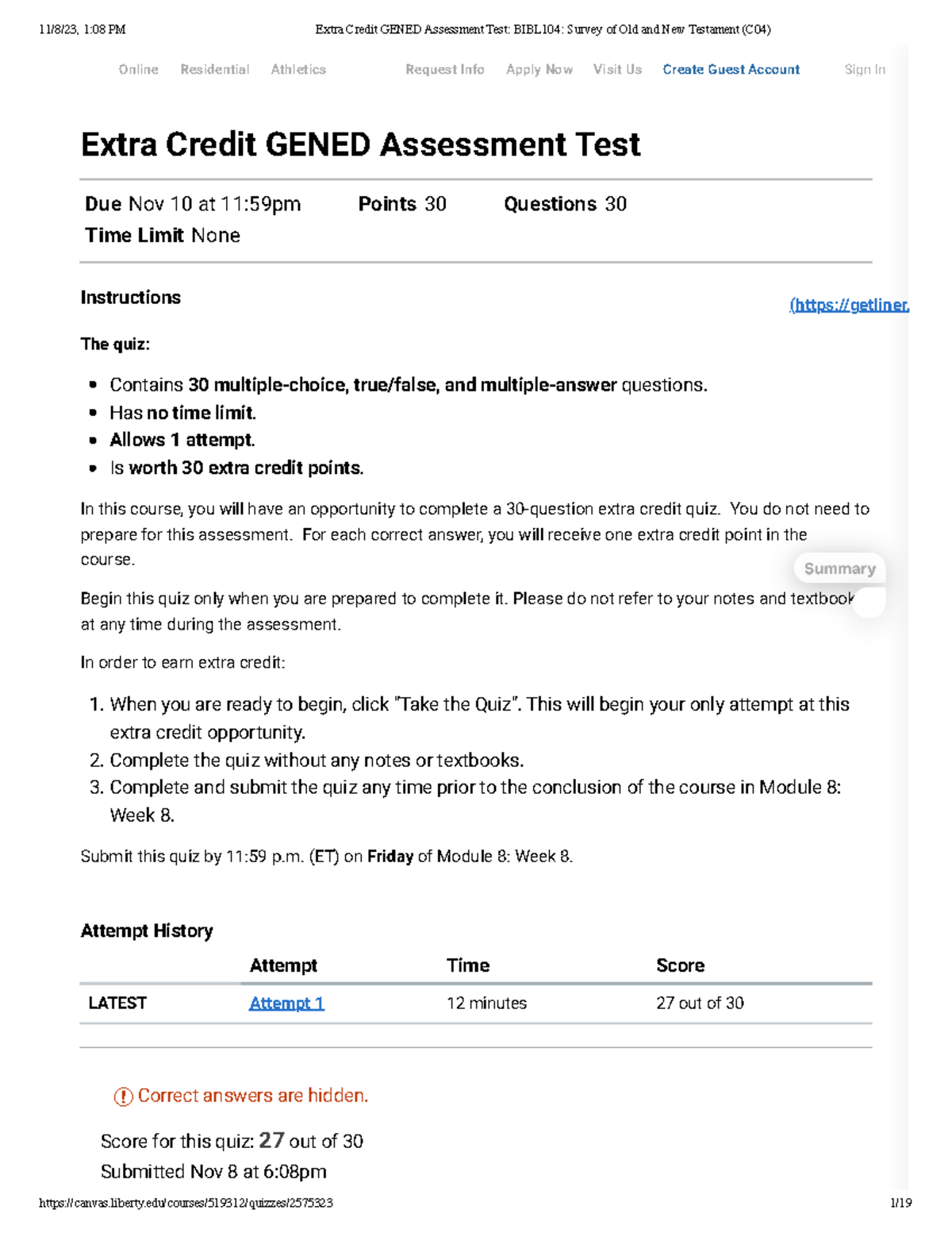 Extra Credit Gened Assessment Test BIBL104 Survey of Old and New ...