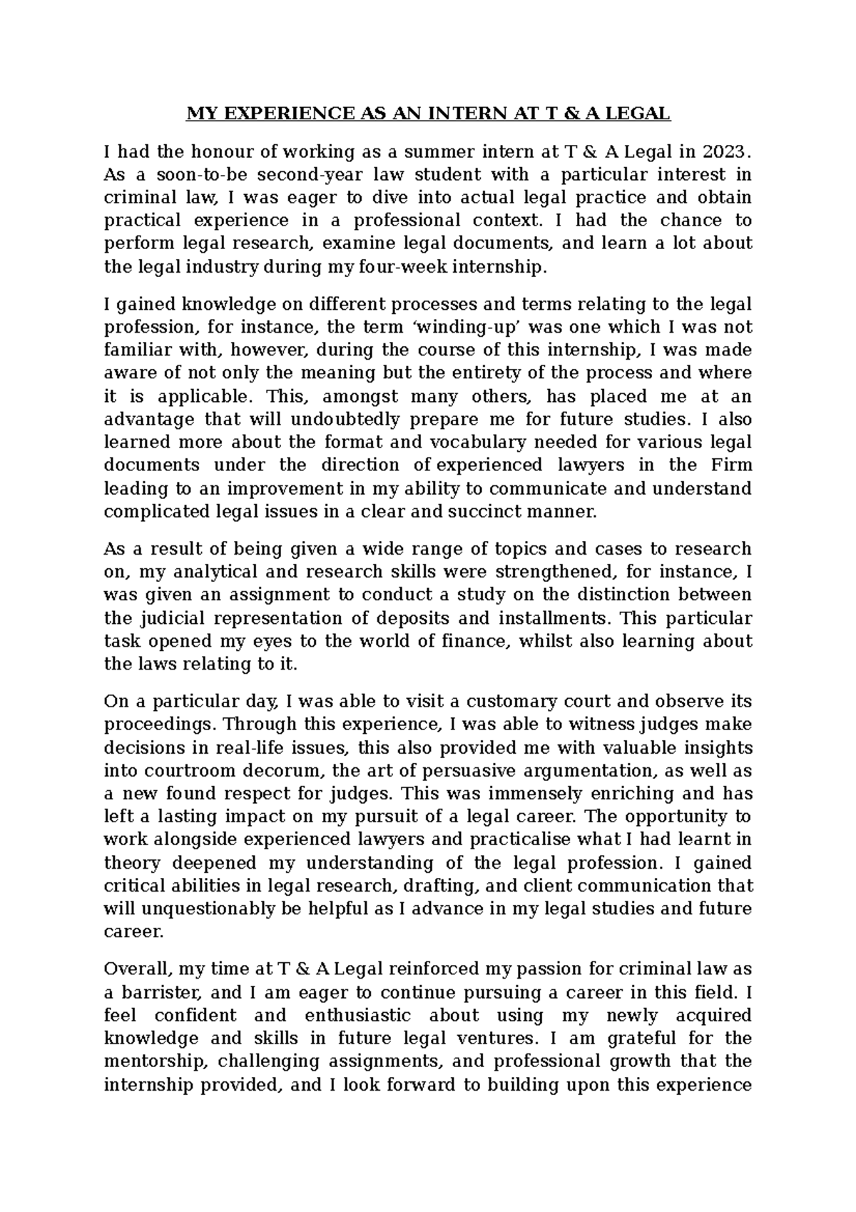 Internship Experience Paper - MY EXPERIENCE AS AN INTERN AT T & A LEGAL ...