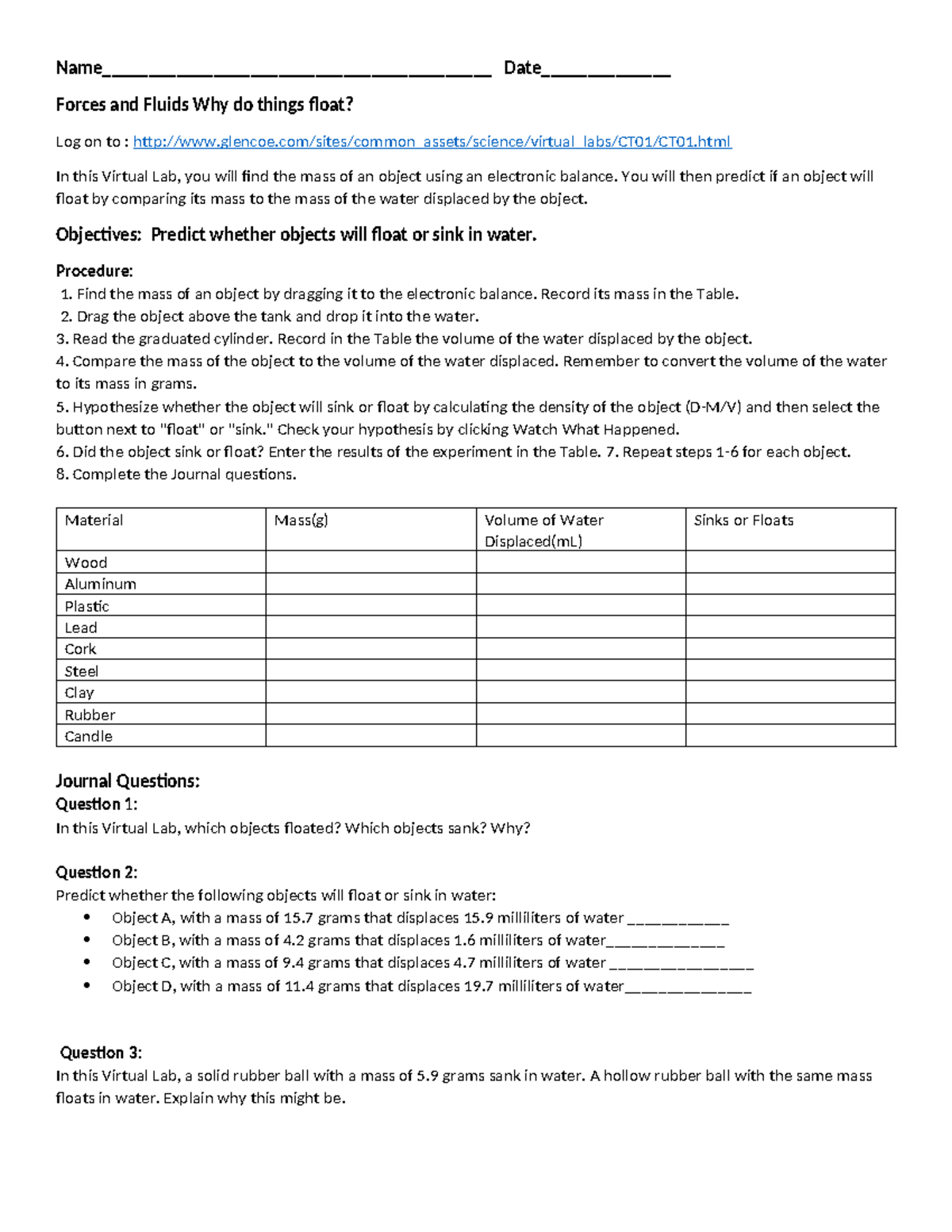 Glencoe virtual lab will it float - Name ...