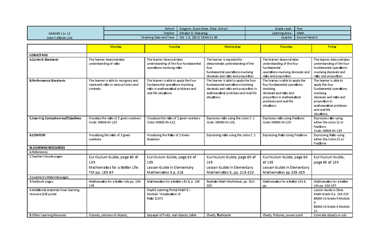 Mathematics 5 Q2 Week 8 DLL - GRADES 1 to 12 DAILY LESSON LOG School ...