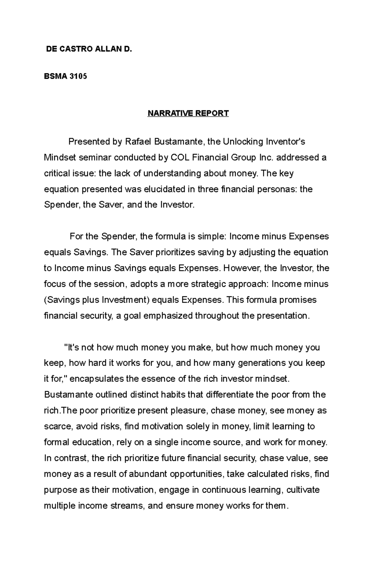 Narrative Report EDUC TOUR - DE CASTRO ALLAN D. BSMA 3105 NARRATIVE ...